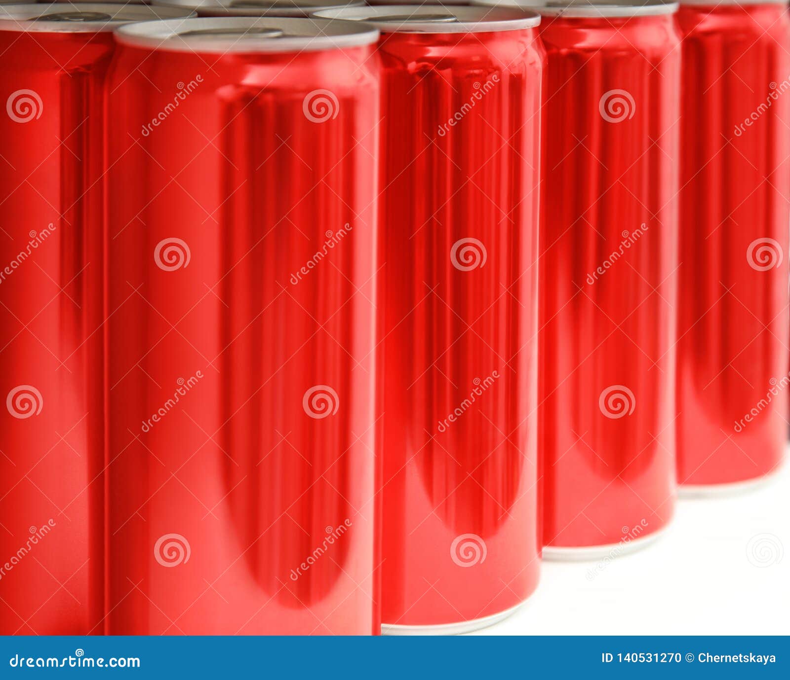 Many Blank Metal Red Cans on Table, Closeup. Stock Photo - Image of ...