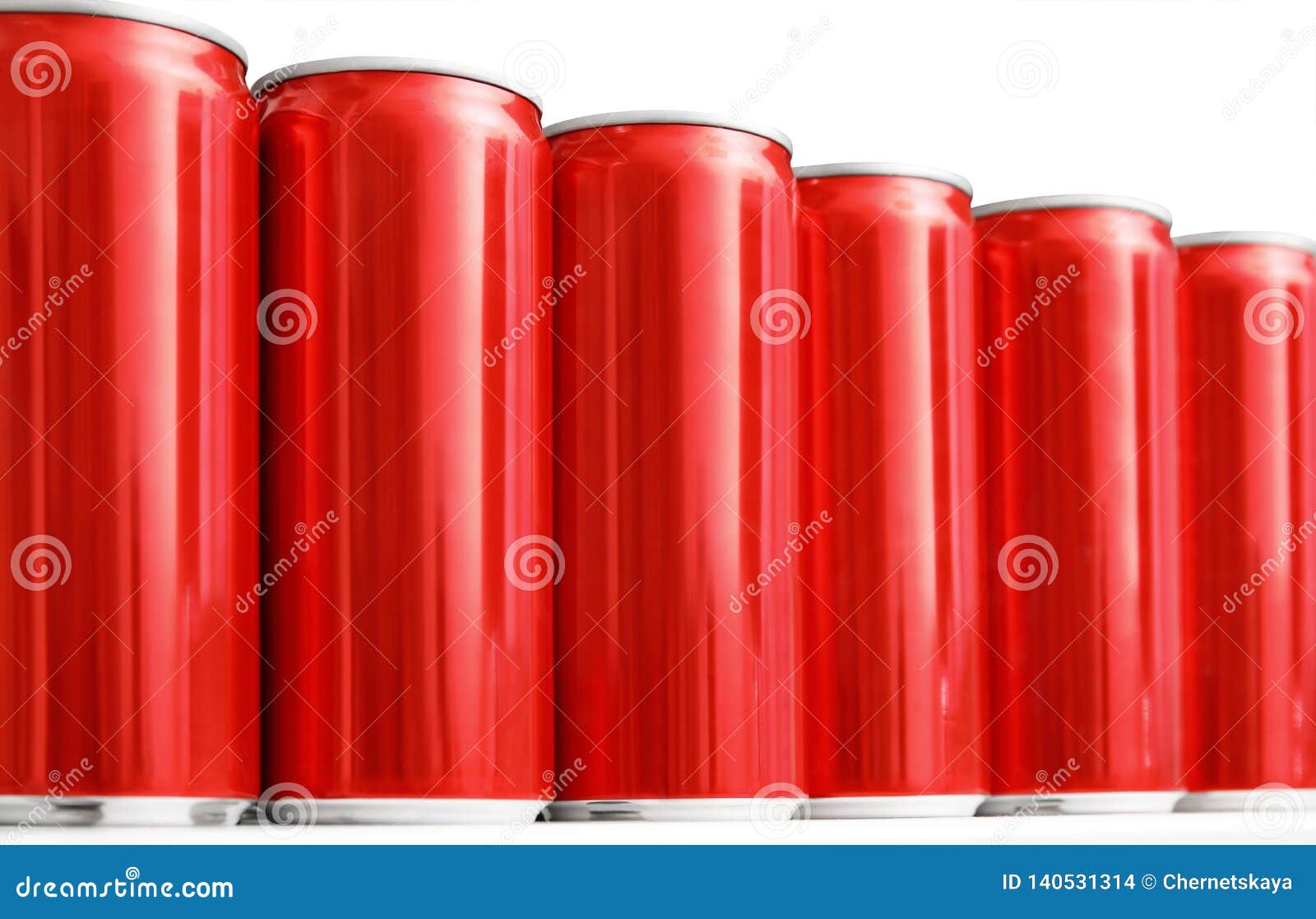 Many Blank Metal Red Cans on Table, Closeup. Stock Illustration ...