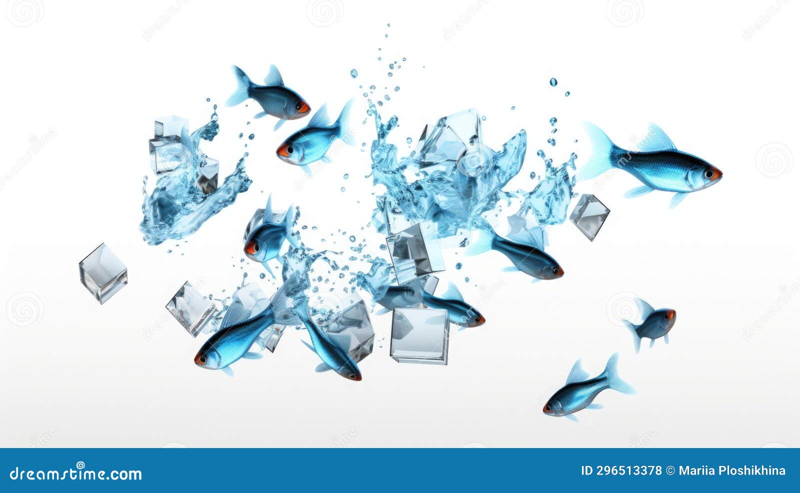 Many Blue Fresh Fish with Ice in Water with Splashes Stock Photo ...