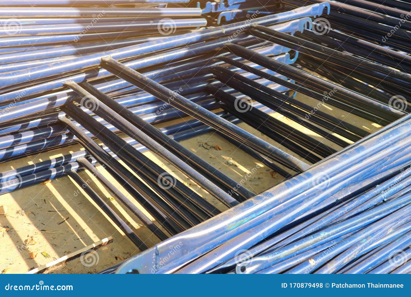 Many Blue Iron Pillars are Stacked in Industrial Plants. Stock Photo ...