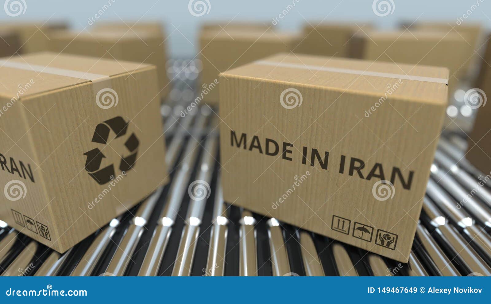 Boxes with MADE in IRAN Text on Roller Conveyor. Iranian Goods Related ...