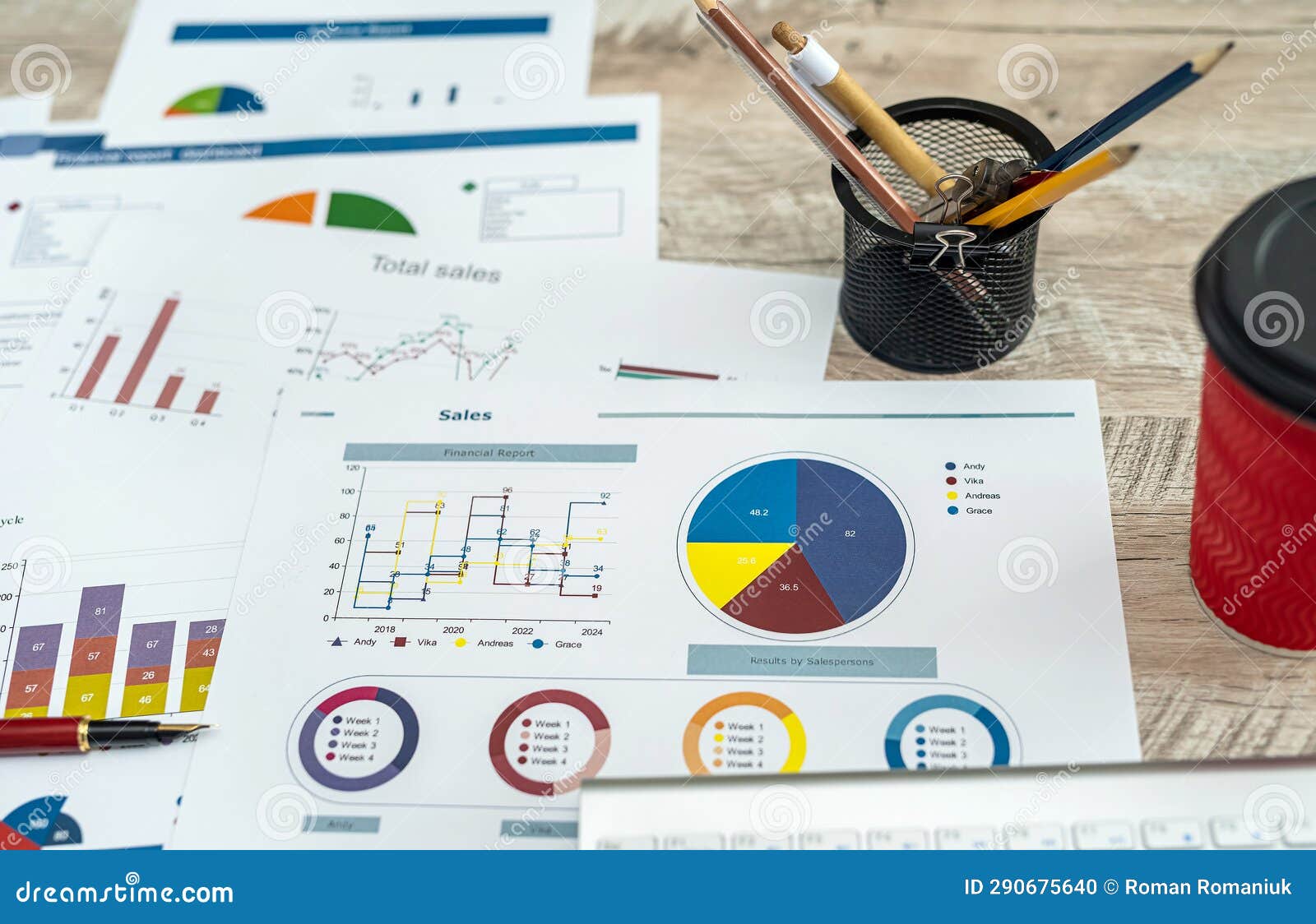 Many Business Charts and Graphs on Office Desk Stock Photo - Image of ...