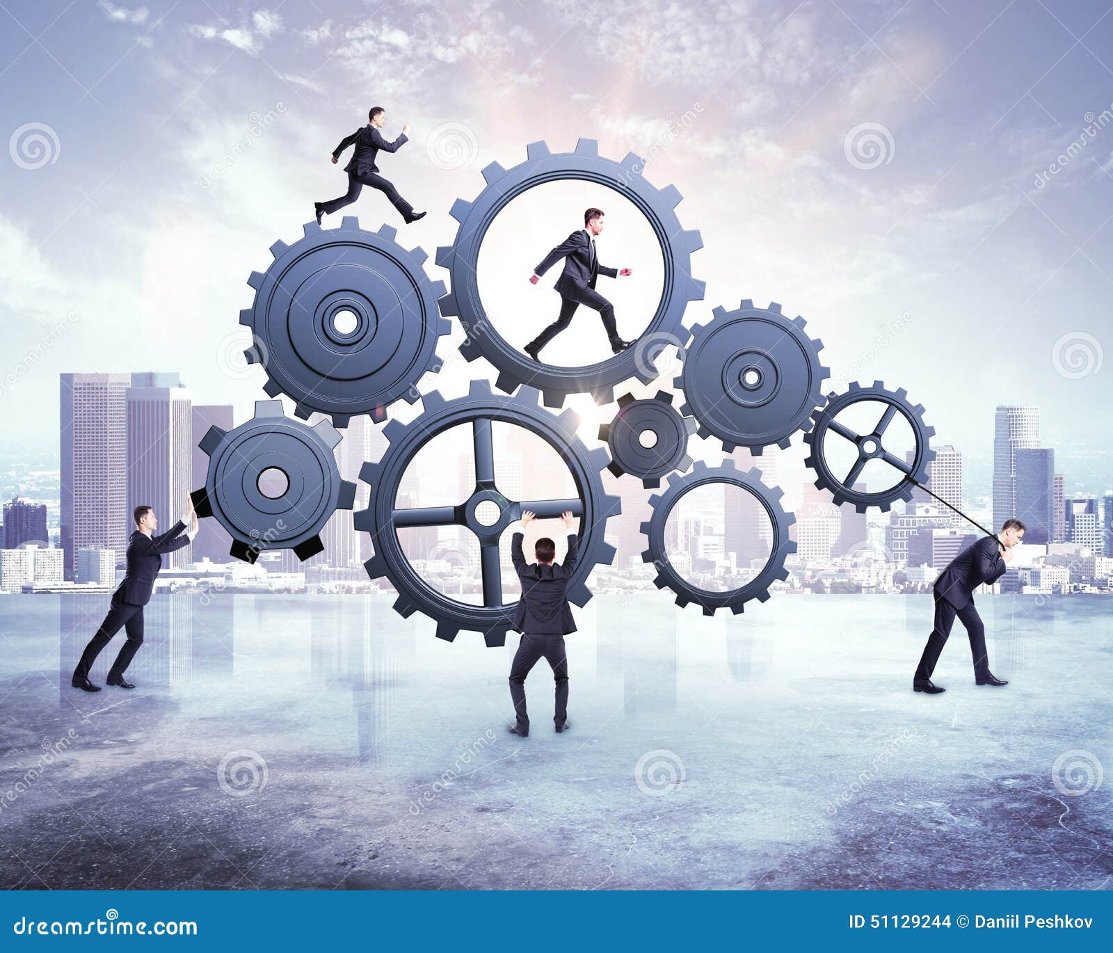 Many Businessman Pushing Gears Stock Photo - Image of mechanism ...