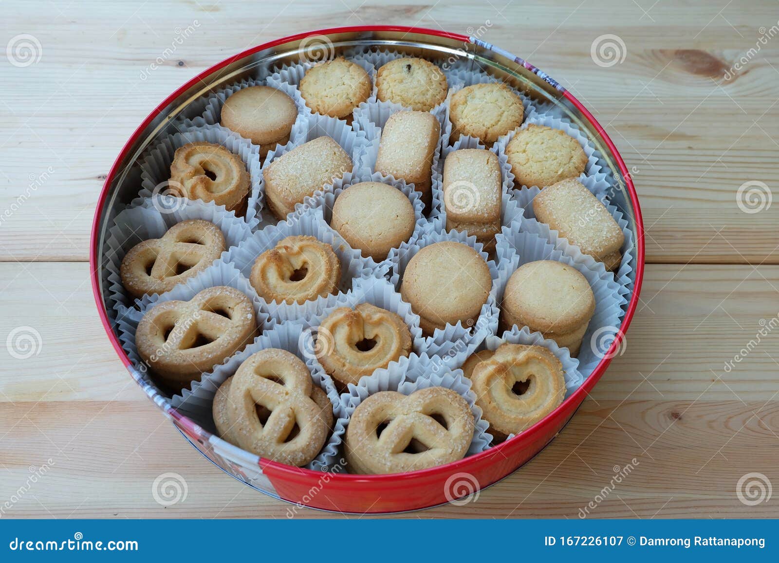 Many Butter Cookies in a Round Red Box Stock Image - Image of round ...
