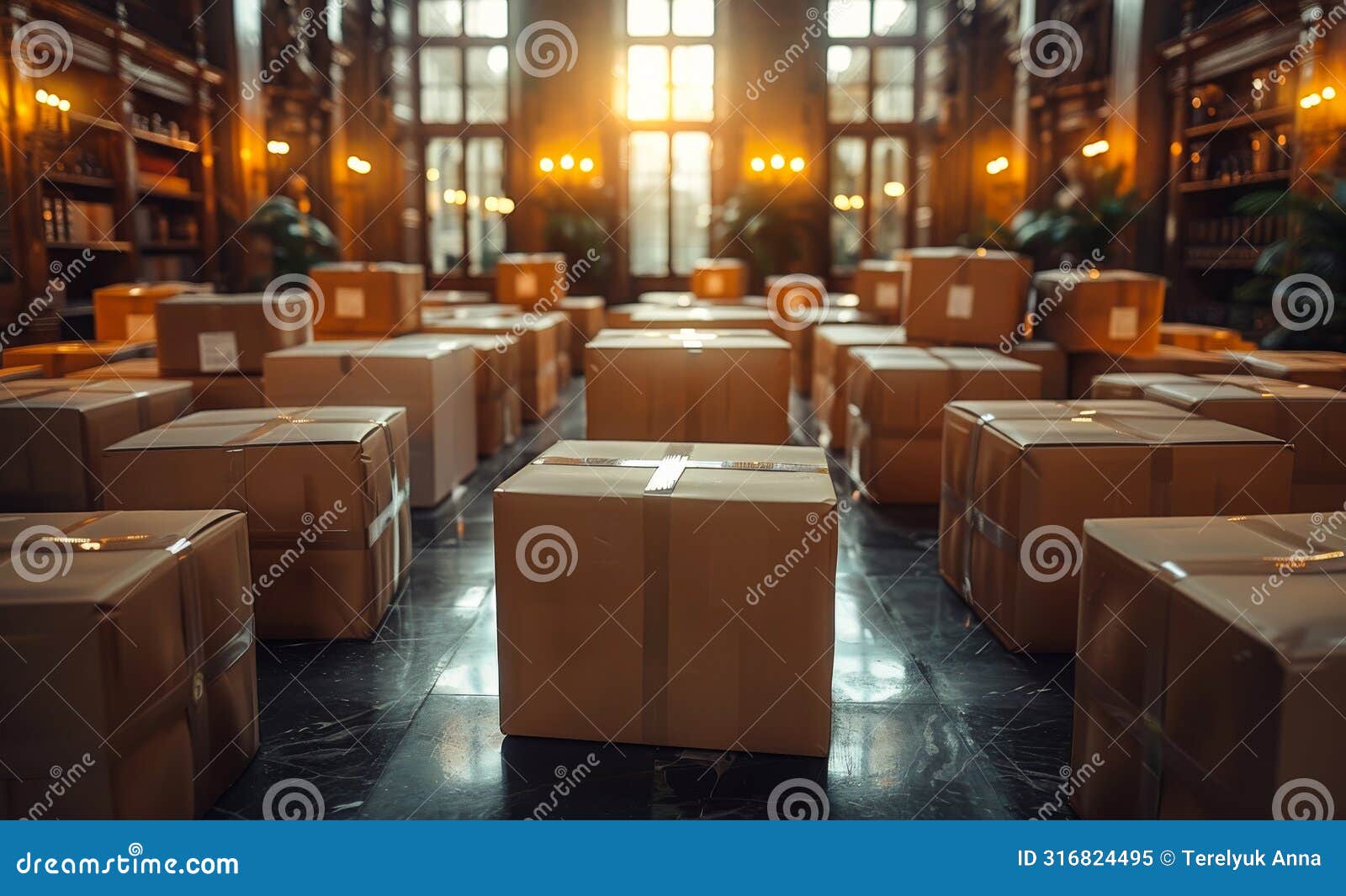 Many Cardboard Boxes are Standing on the Floor in the Library Stock ...