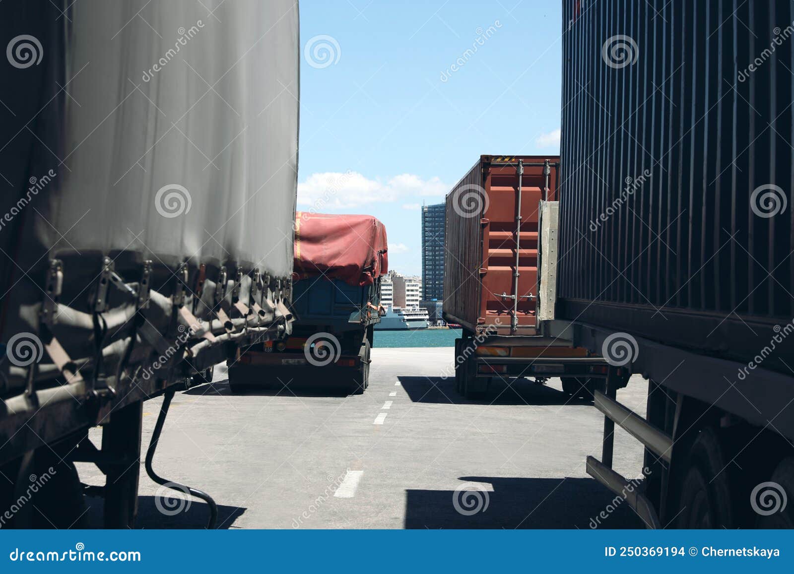 Many Cargo Trucks on Pier in Sea Port Stock Photo - Image of fast, port ...