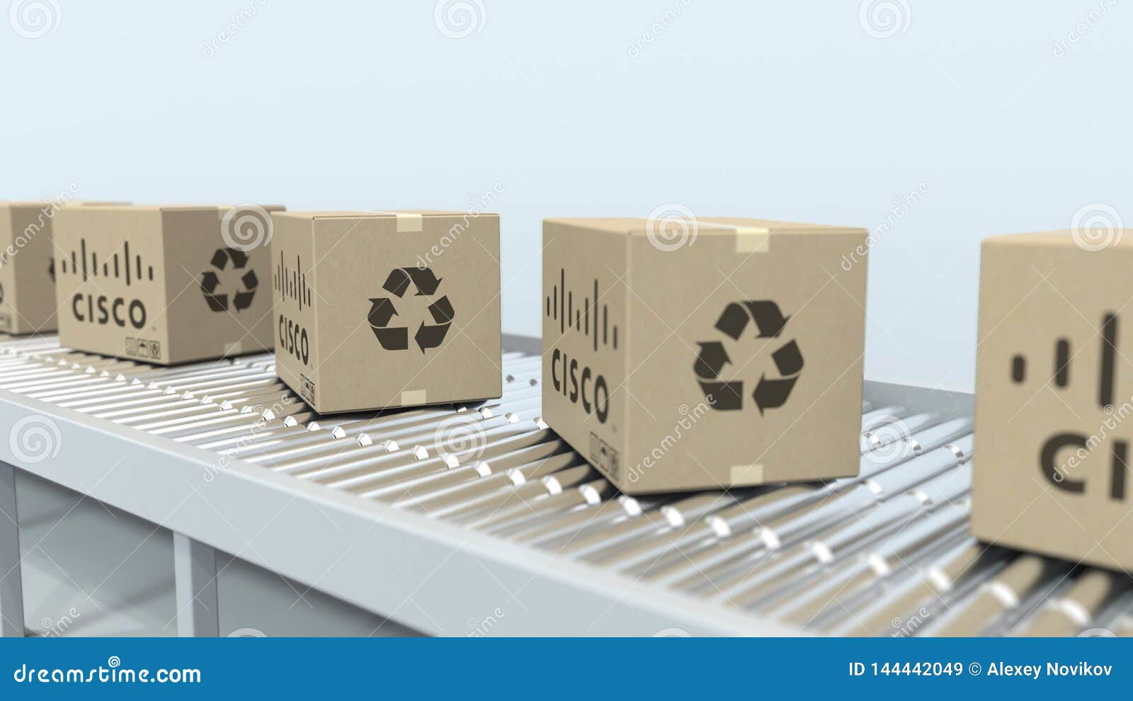 Many Cartons with CISCO Logo Move on Roller Conveyor. Loopable ...