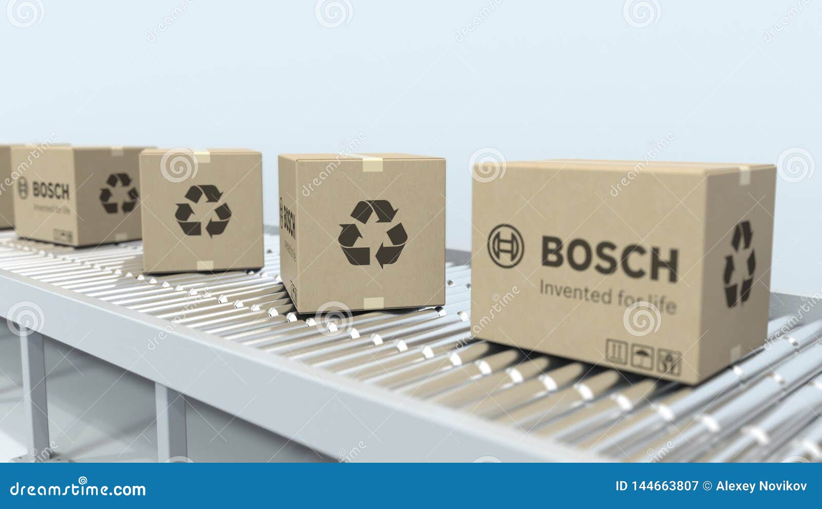 Boxes with BOSCH Logo Move on Roller Conveyor. Editorial 3D Rendering ...