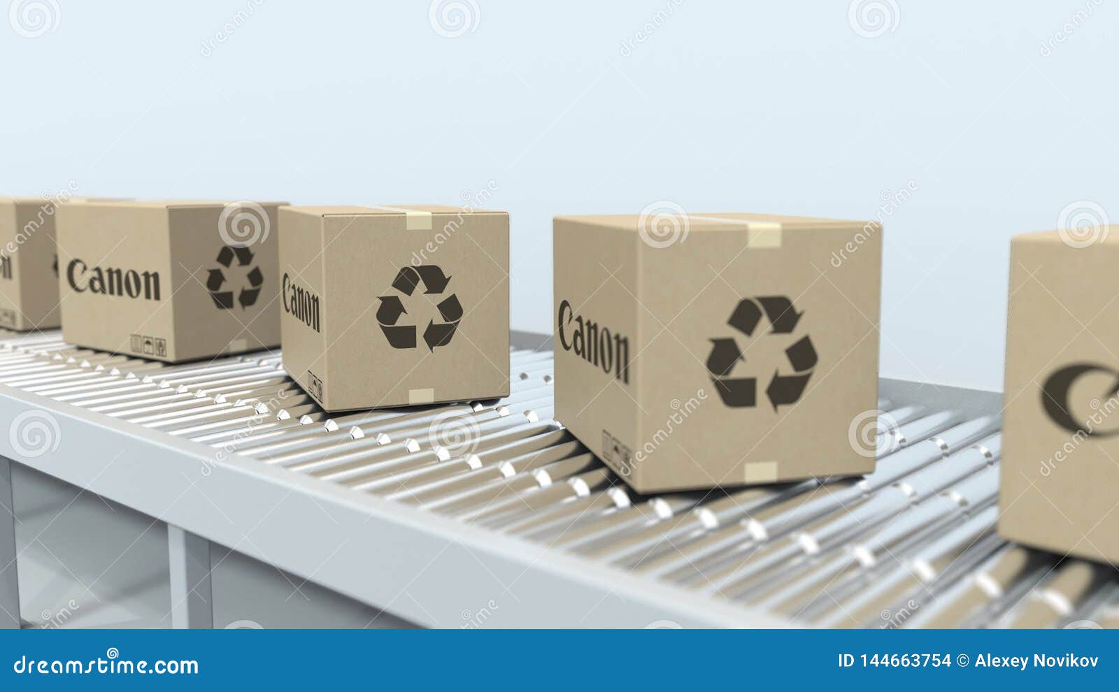 CANON Logo on Moving Boxes on Roller Conveyor. Editorial 3D Rendering ...