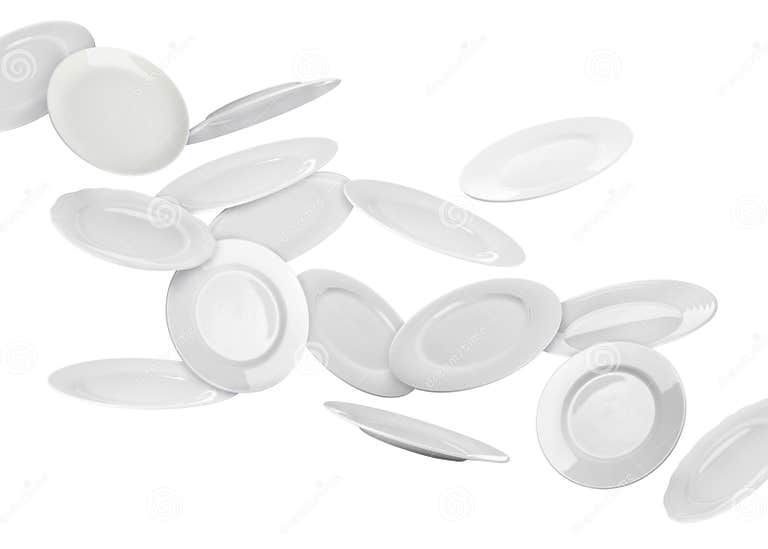 Many Ceramic Plates Falling on White Background Stock Image - Image of ...