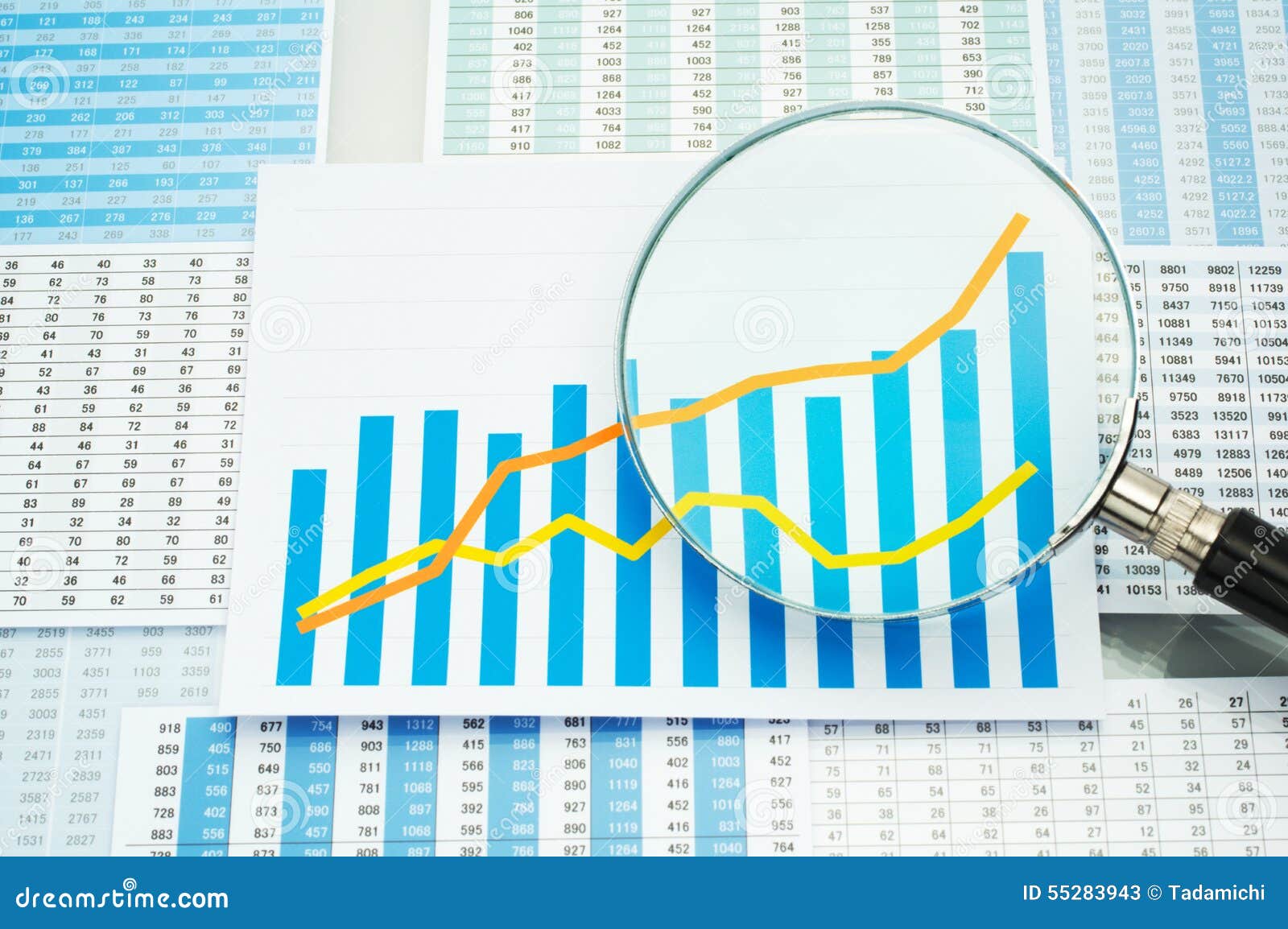 Many Charts, Graph and Magnifying Glass. Stock Image - Image of close ...