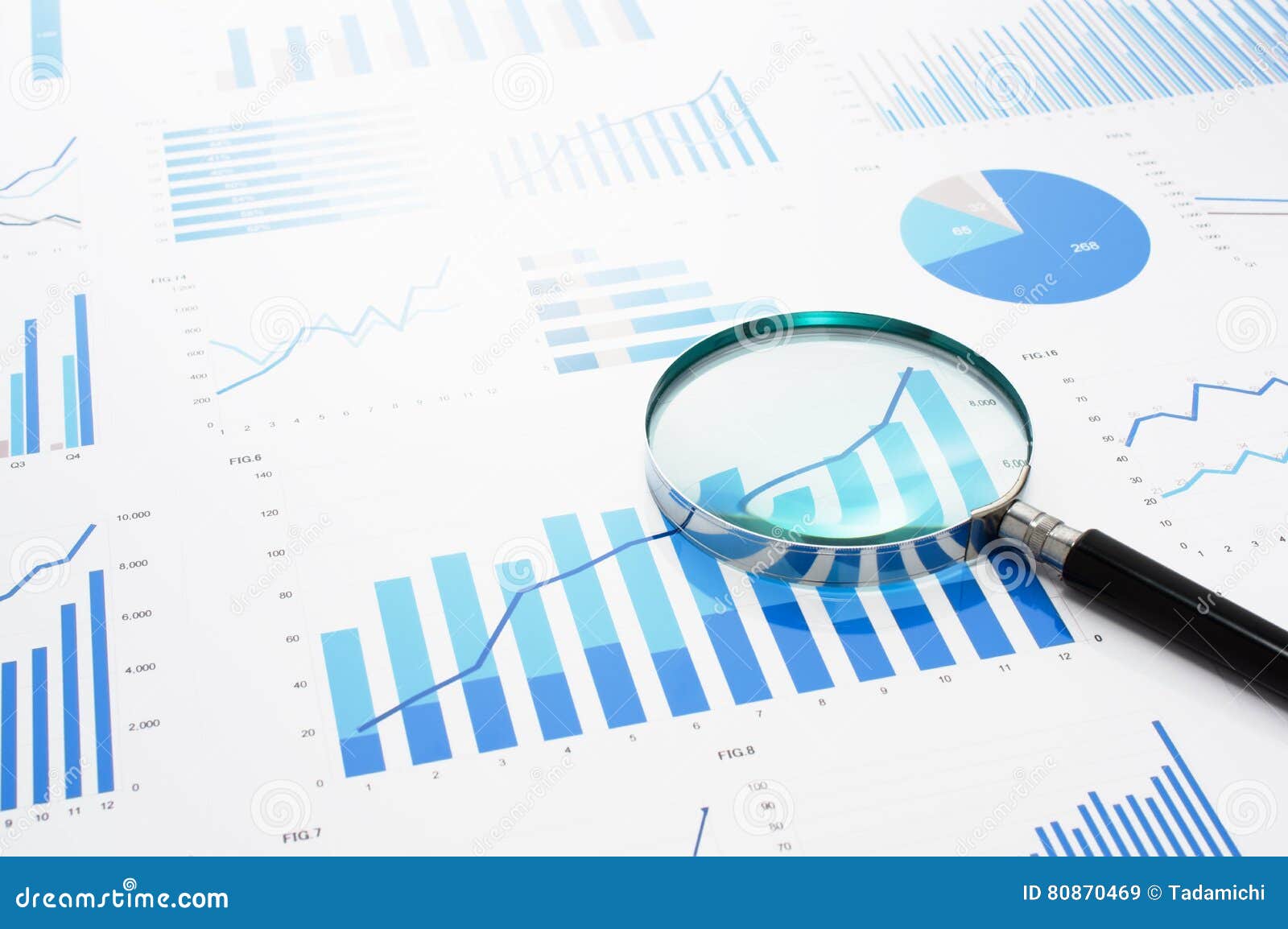 Many Charts and Magnifying Glass. Reviewing Data. Stock Image - Image ...