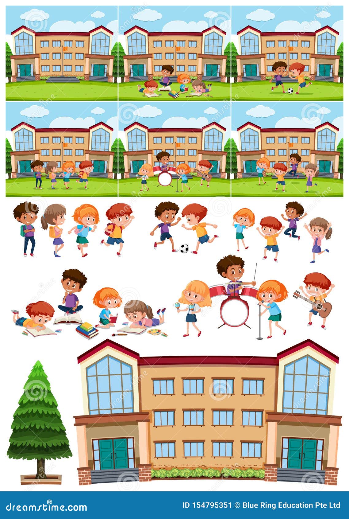 Many Children Learning and Playing at School Stock Vector ...