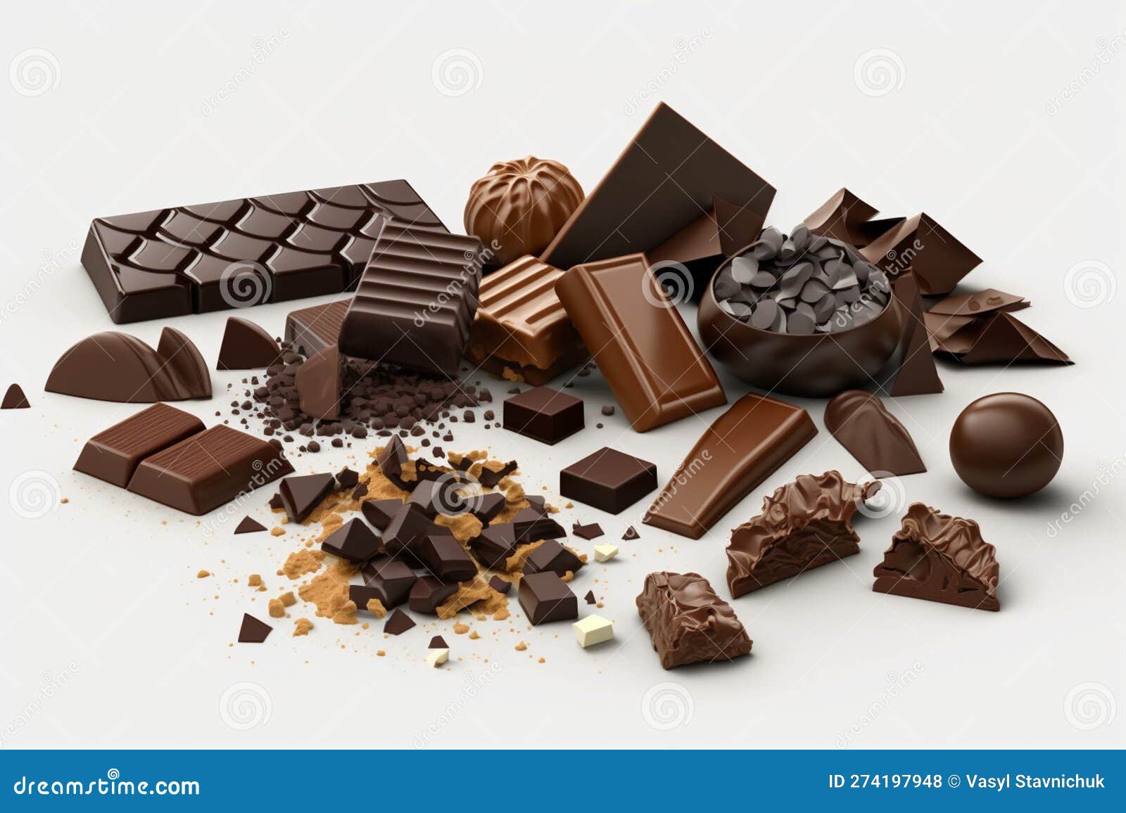 Many Chocolate Pieces Isolated on White Background, Sweet Different ...