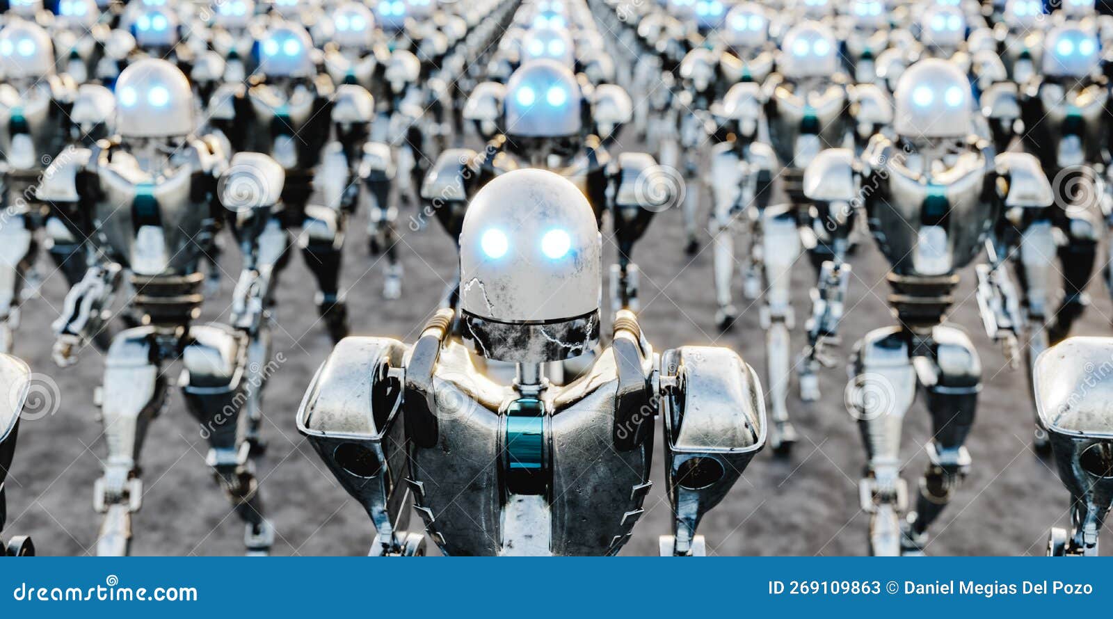 Many Chrome Robots in Lines 3d Render Stock Illustration - Illustration ...