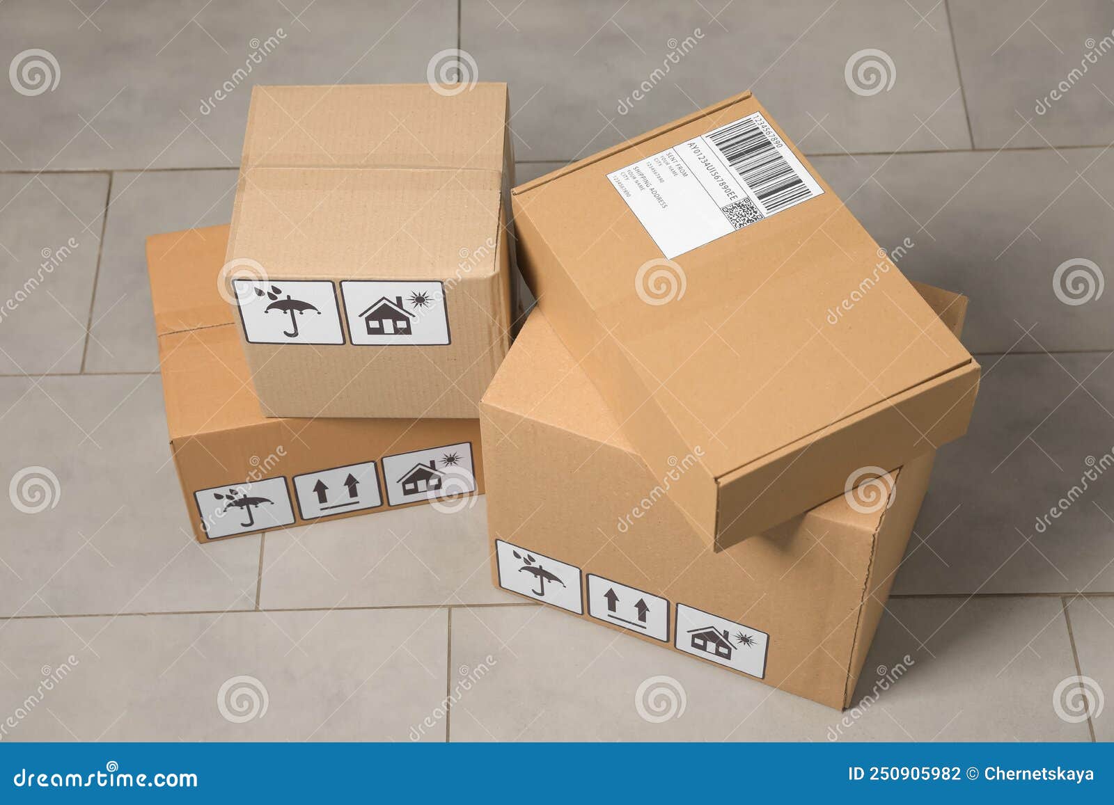 Many Closed Cardboard Boxes with Packaging Symbols on Floor. Delivery ...