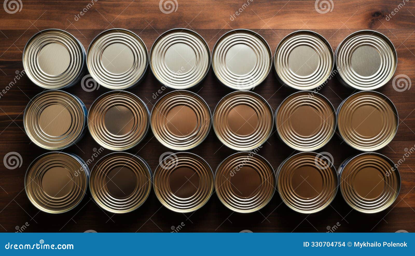 Many Closed Tin Cans on Brown Table, Flat Lay. Neural Network Ai ...
