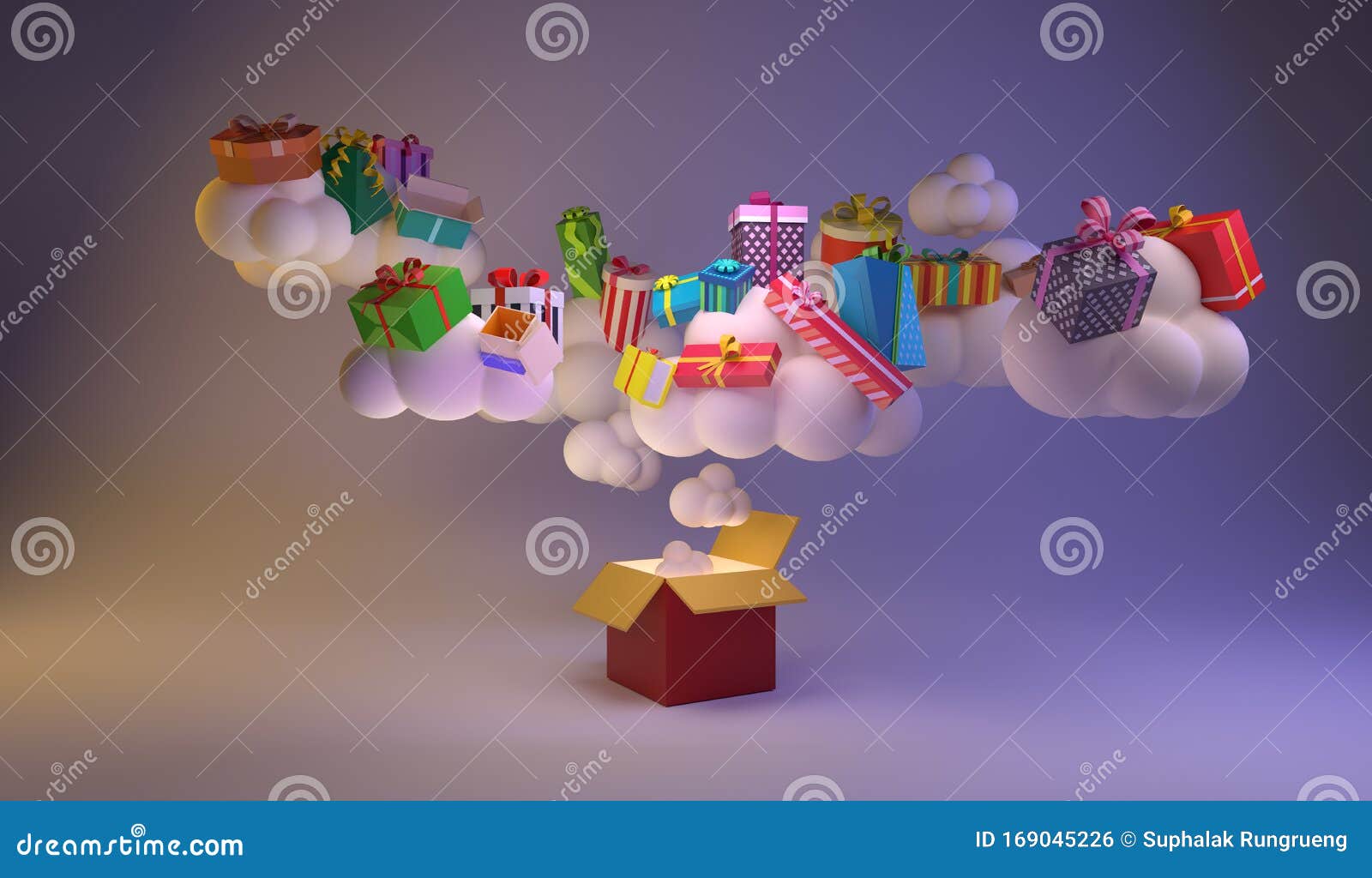 Many Clouds are Floating Out of Large Gift Boxes and There are Many ...