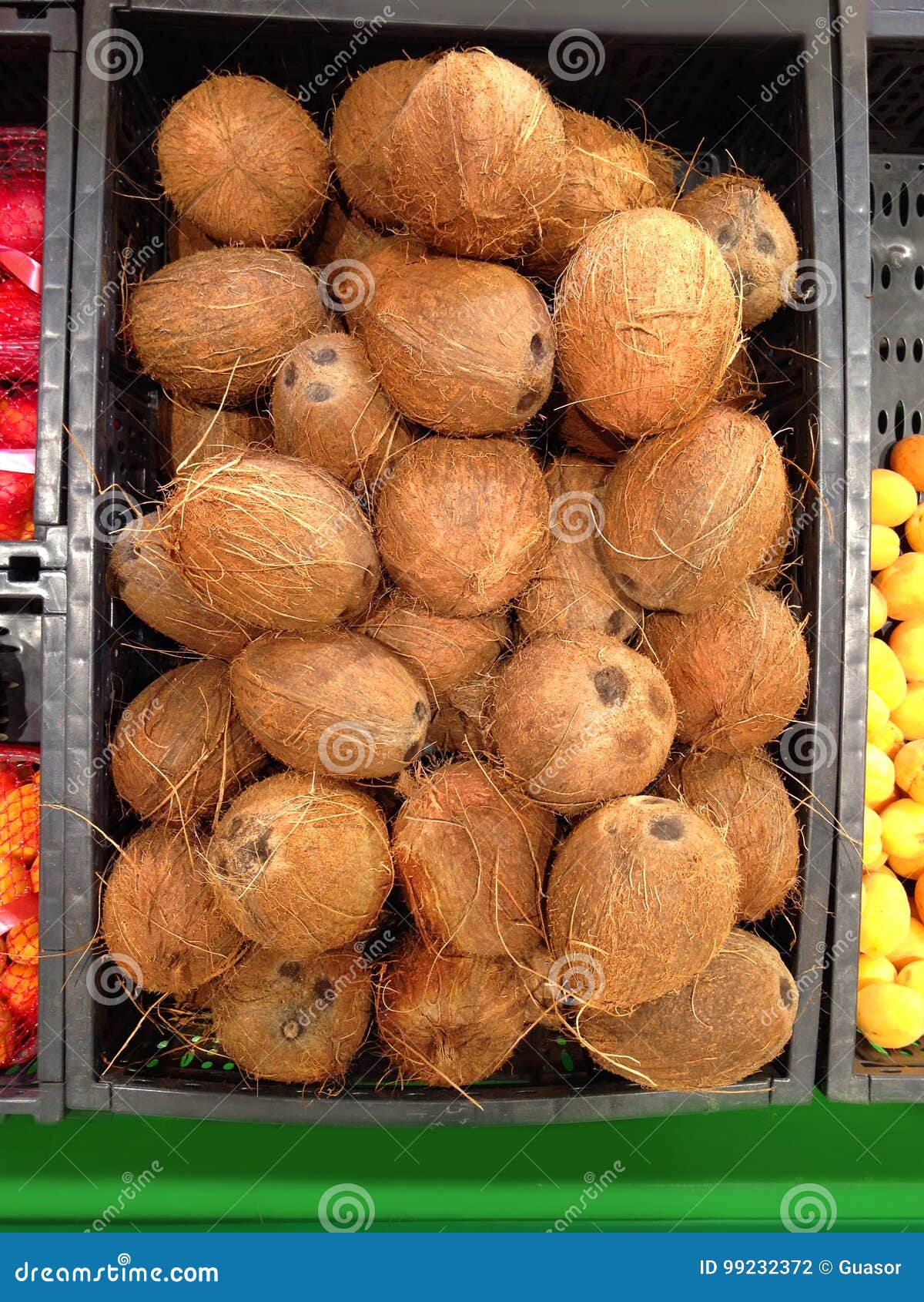 Many Coconuts Lying in a Boxes in Supermarket Stock Photo - Image of ...