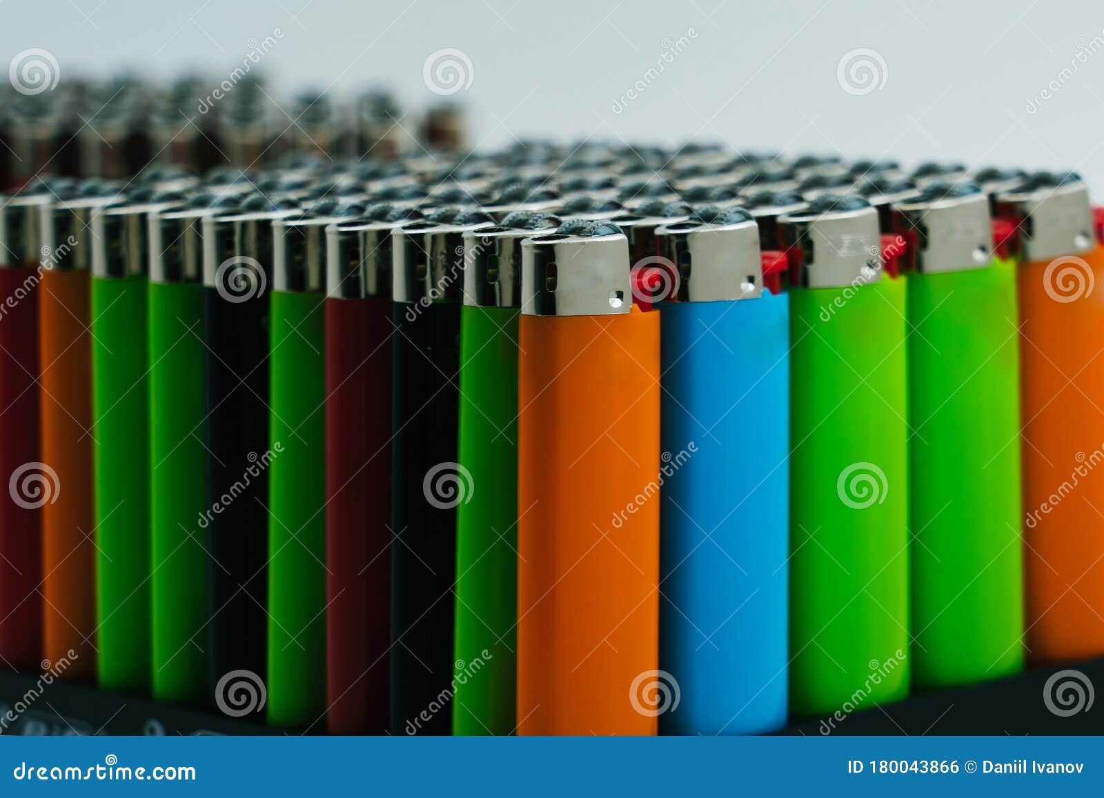 Many Color Lighters Stand in Line on White Background Stock Photo ...