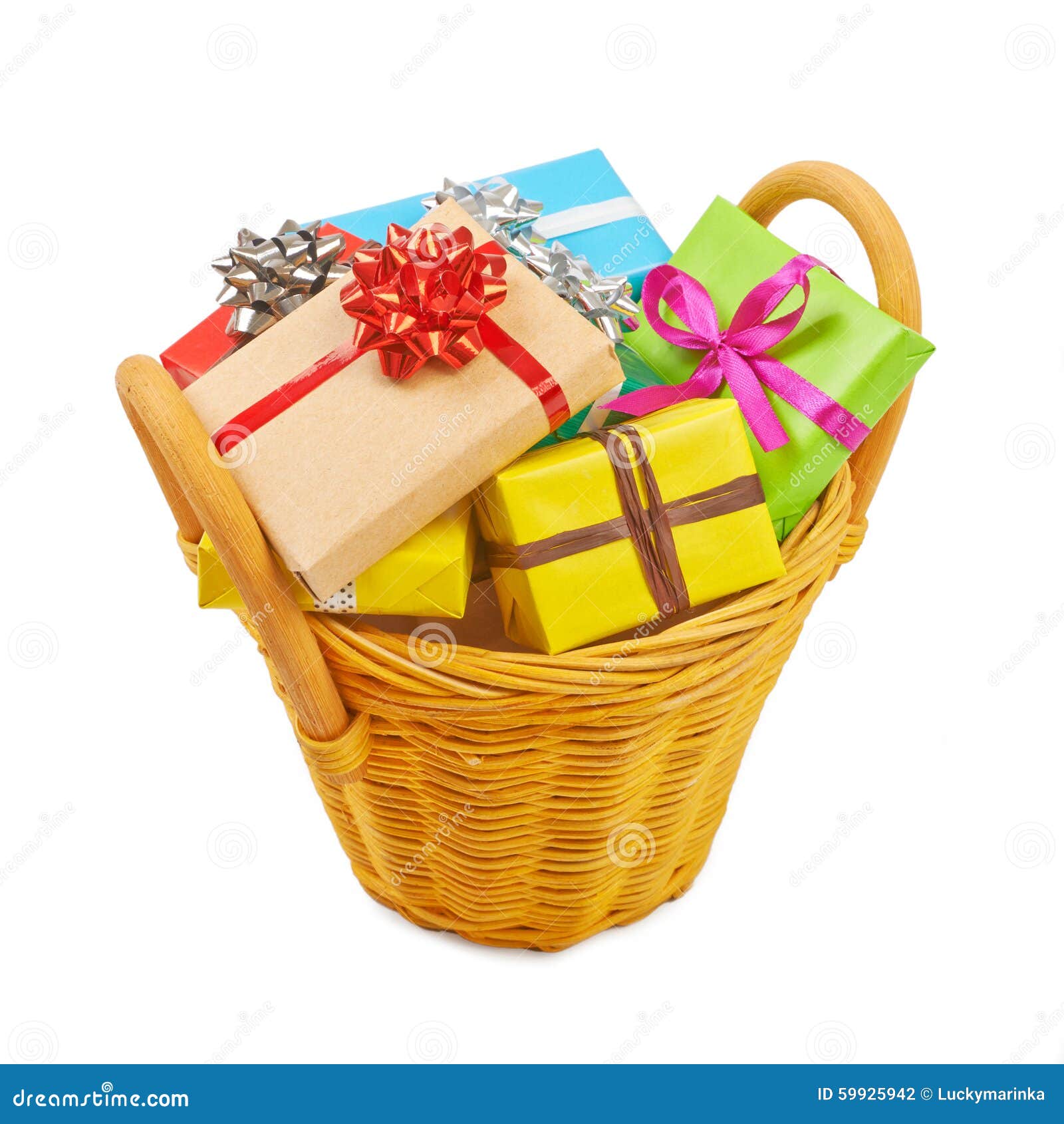 Many Colored Gift Boxes in a Basket Stock Photo - Image of decoration ...