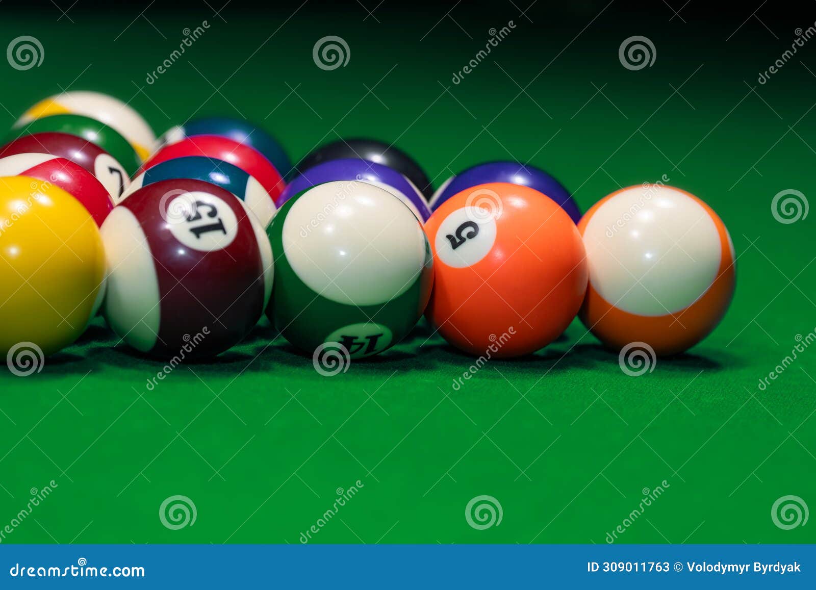 Many Colorful Billiard Balls on Green Table Stock Image - Image of game ...