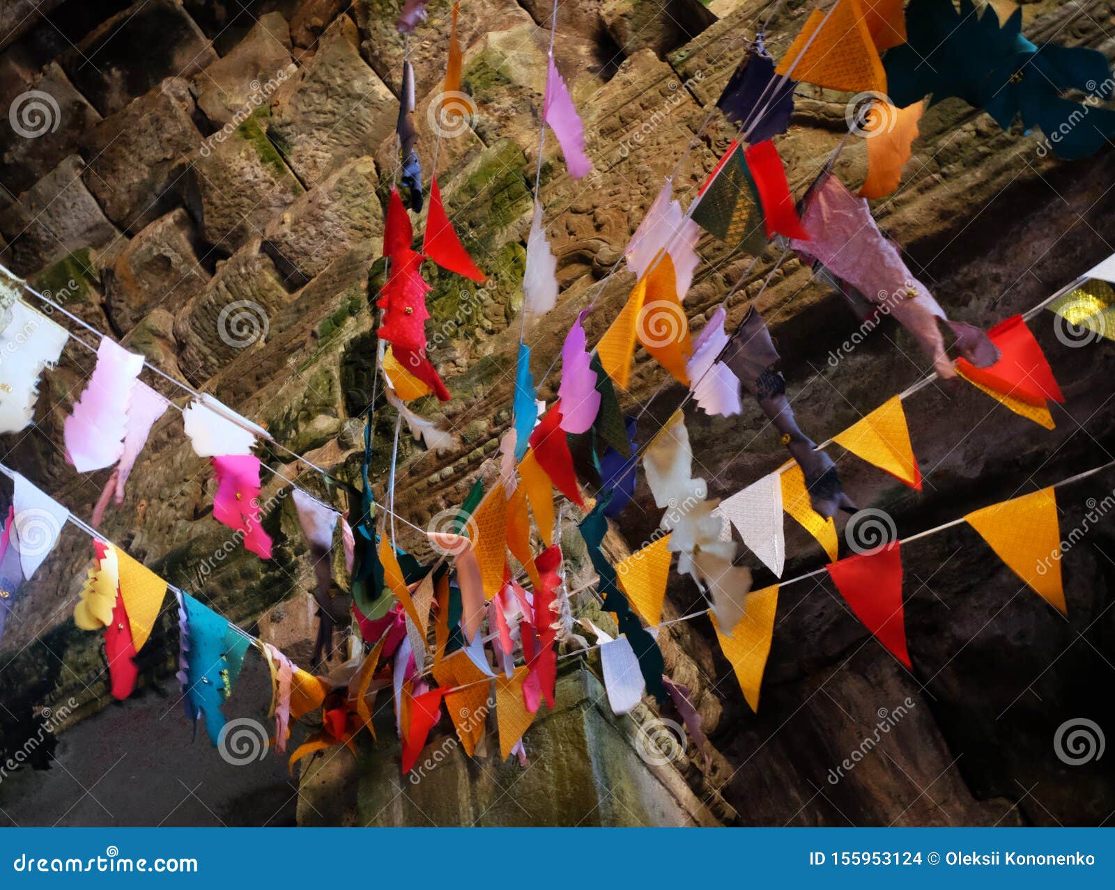 Many Colorful Flags Under the Ceiling of the Old Temple. Garlands in a ...