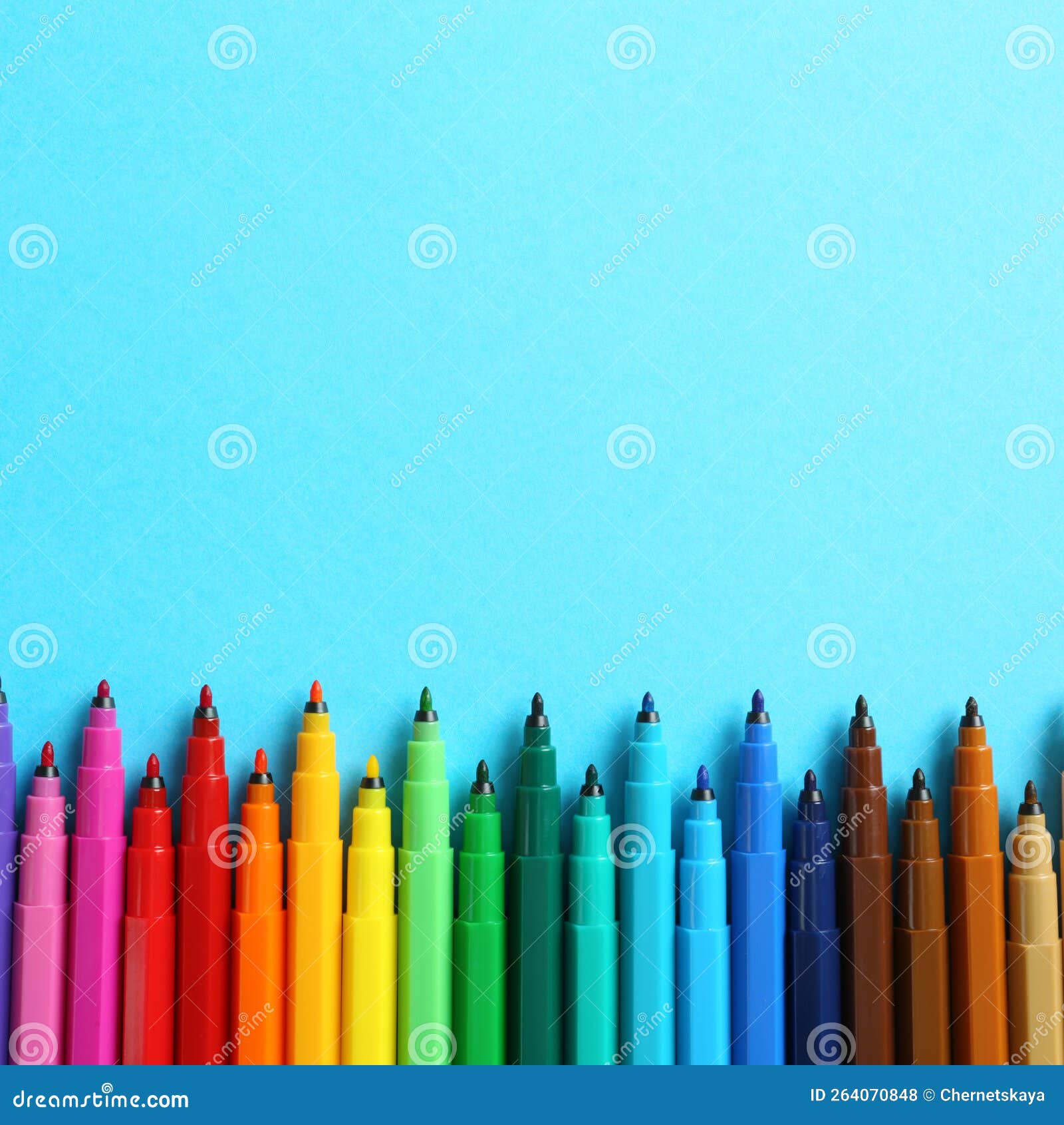 Many Colorful Markers on Light Blue Background, Flat Lay. Space for ...