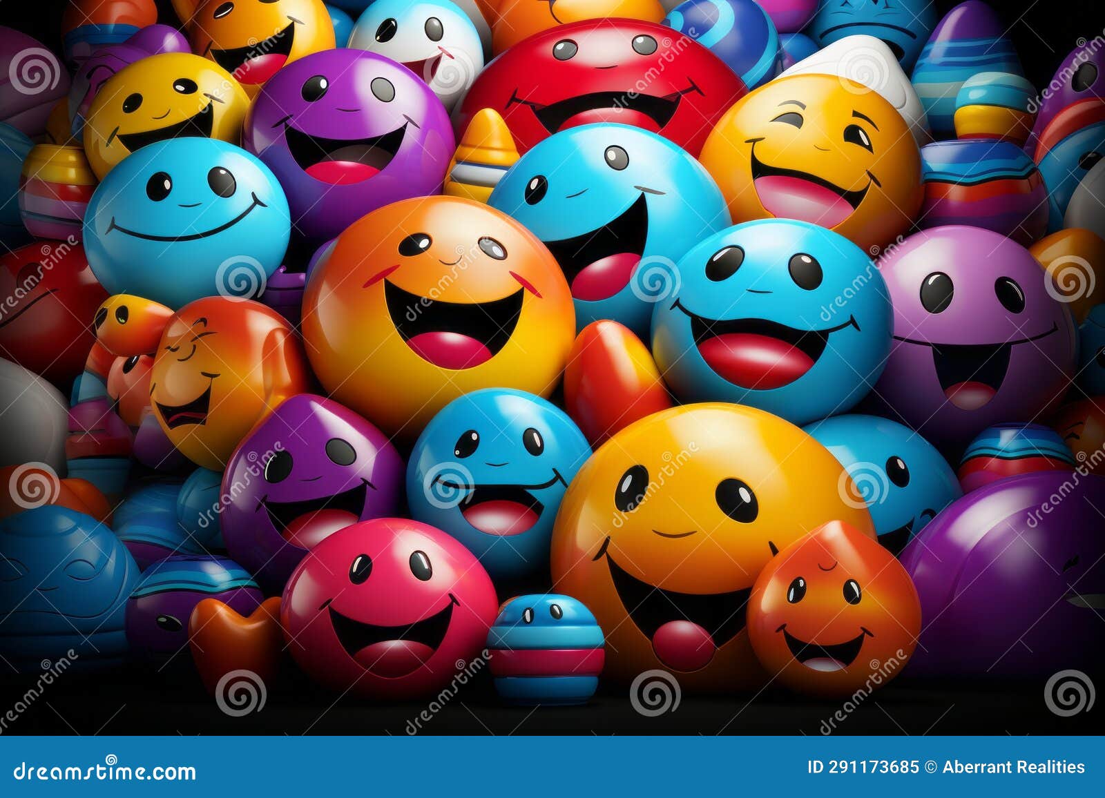 Many Colorful Smiley Faces are Grouped Together on a Black Background ...
