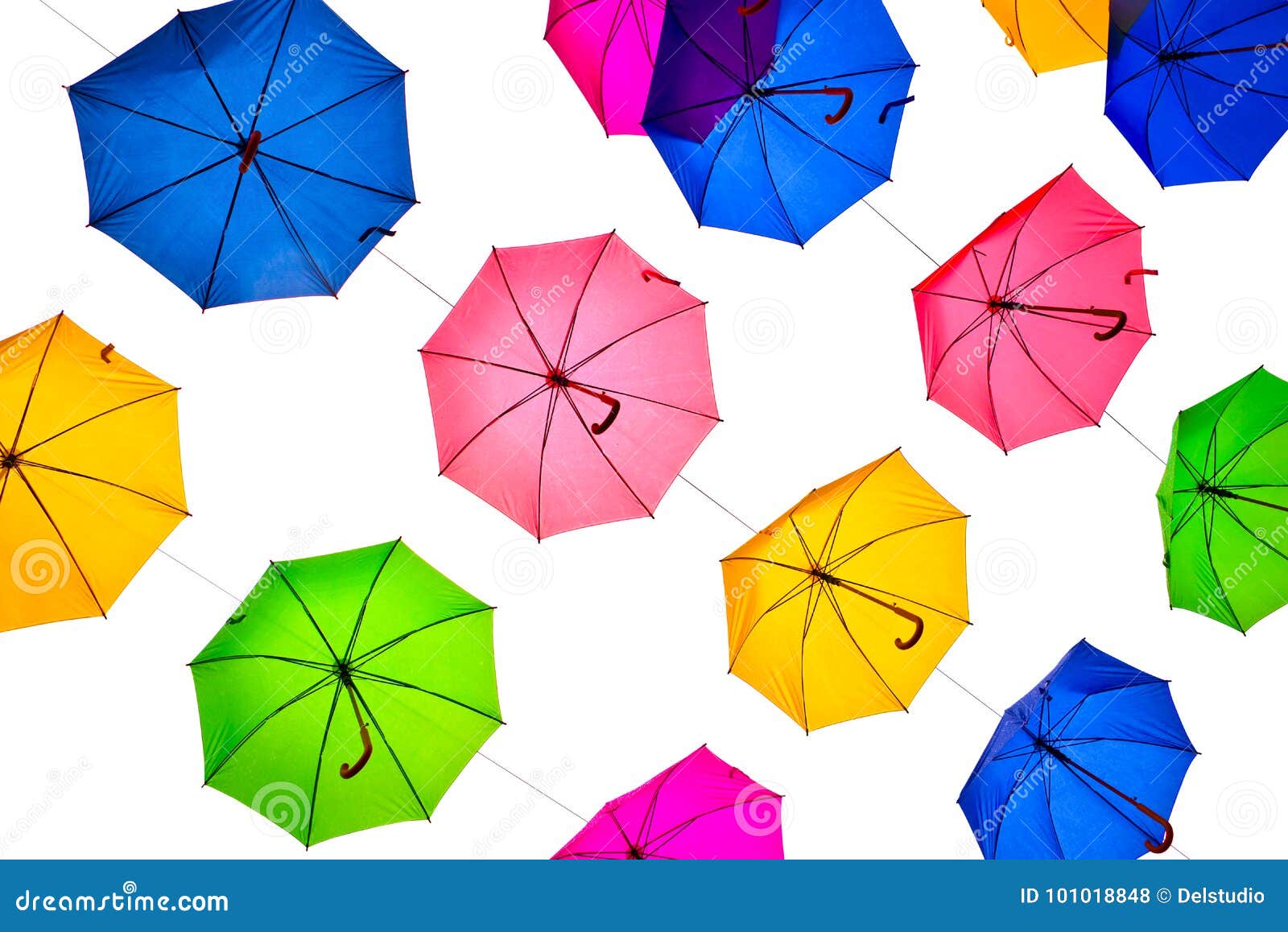 Many Colorful Umbrellas Hanging, Isolated on White Background Stock ...