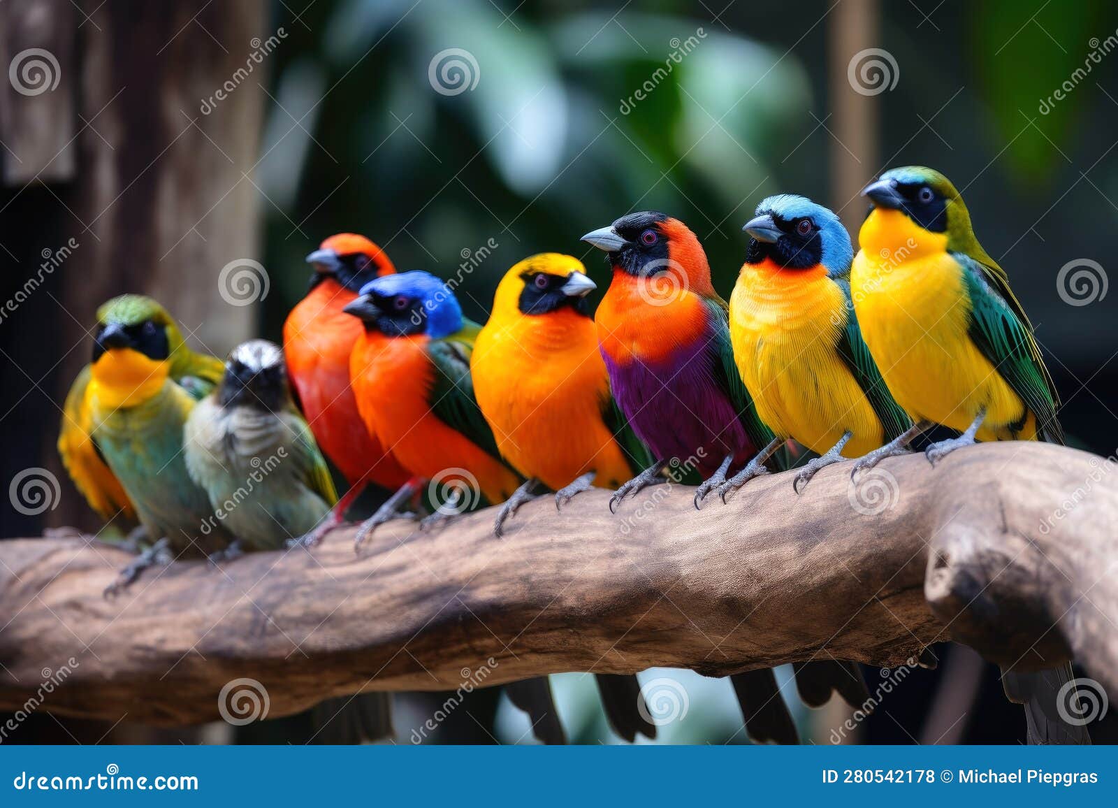 Many Colourful Different Tropical Birds Sitting Together on a Branch ...