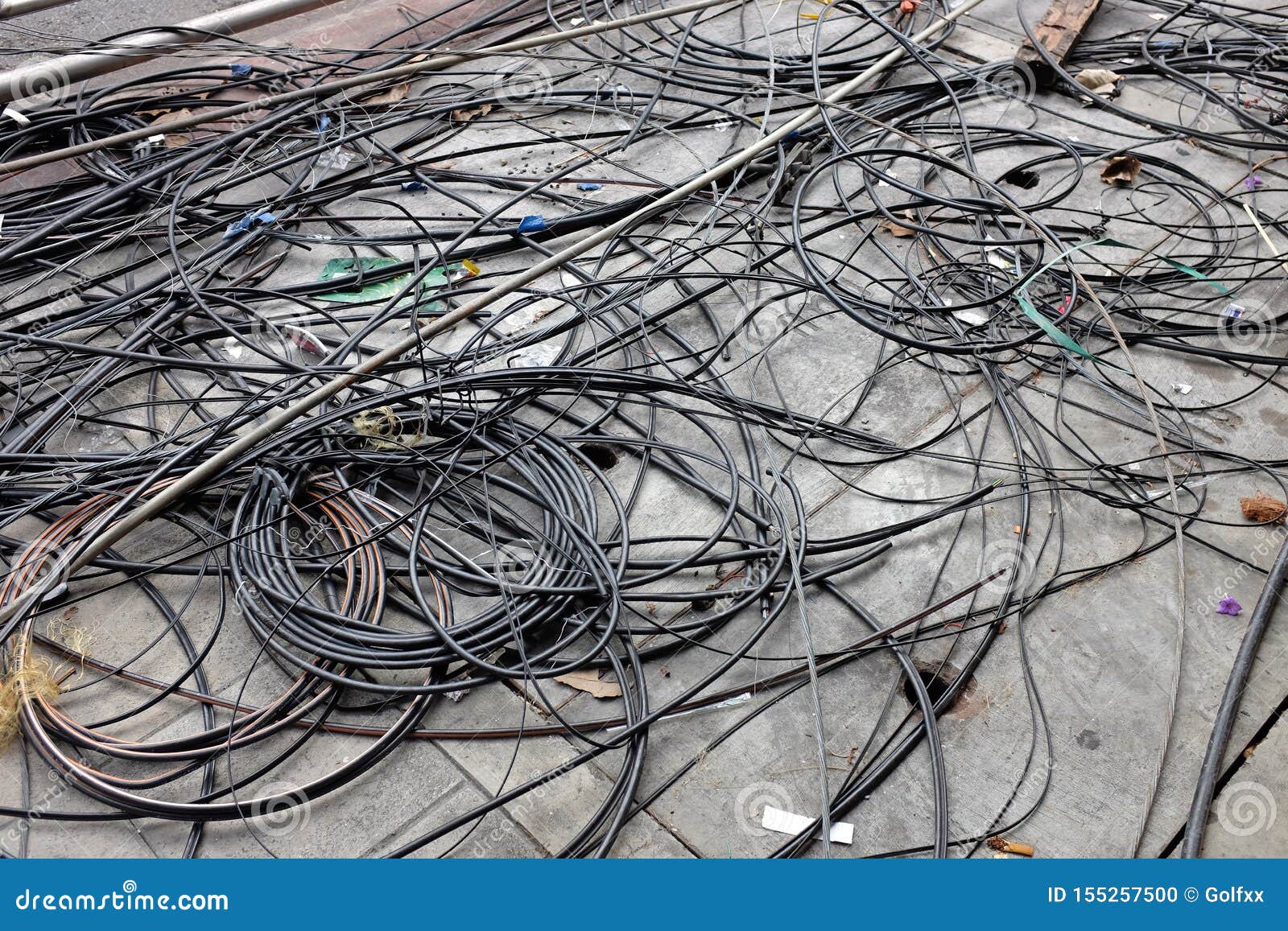 Many Confused Electrical Wires on Ground Stock Photo - Image of clew ...