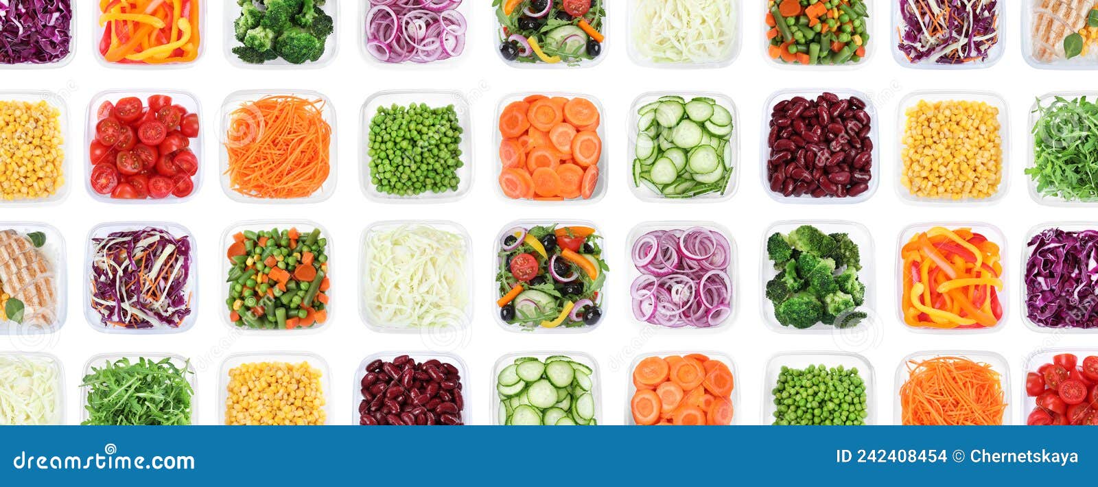 Many Containers with Different Fresh Food on White Background, Top View ...