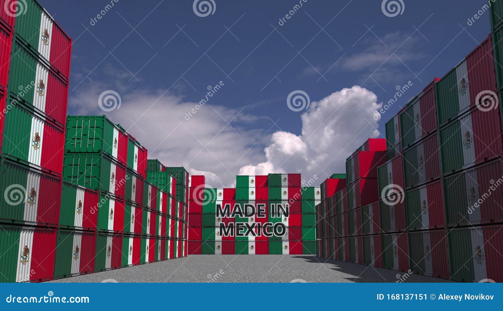 Many Containers with MADE in MEXICO Text and National Flags. Mexican ...