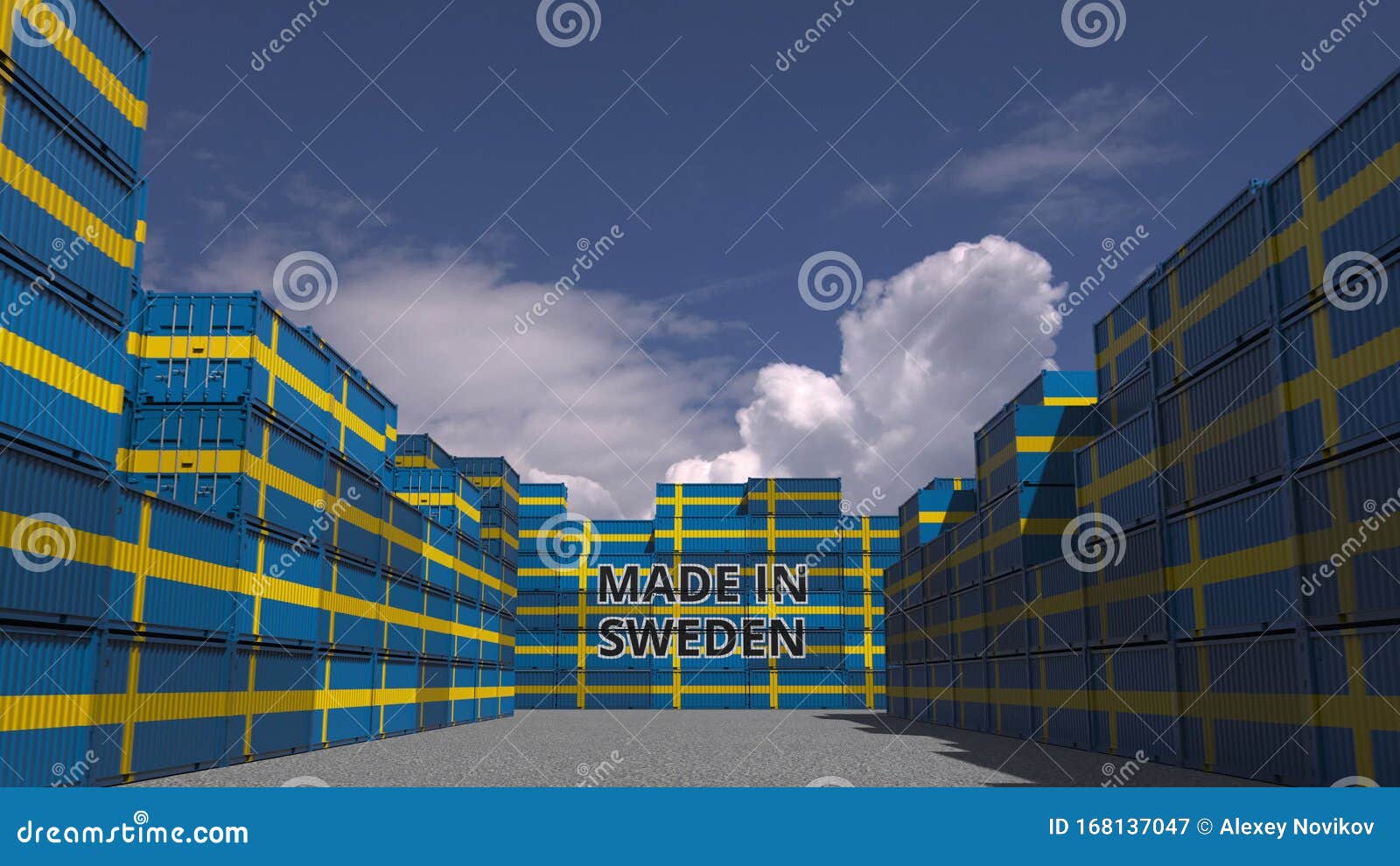 Many Containers with MADE in SWEDEN Text and National Flags. Swedish ...