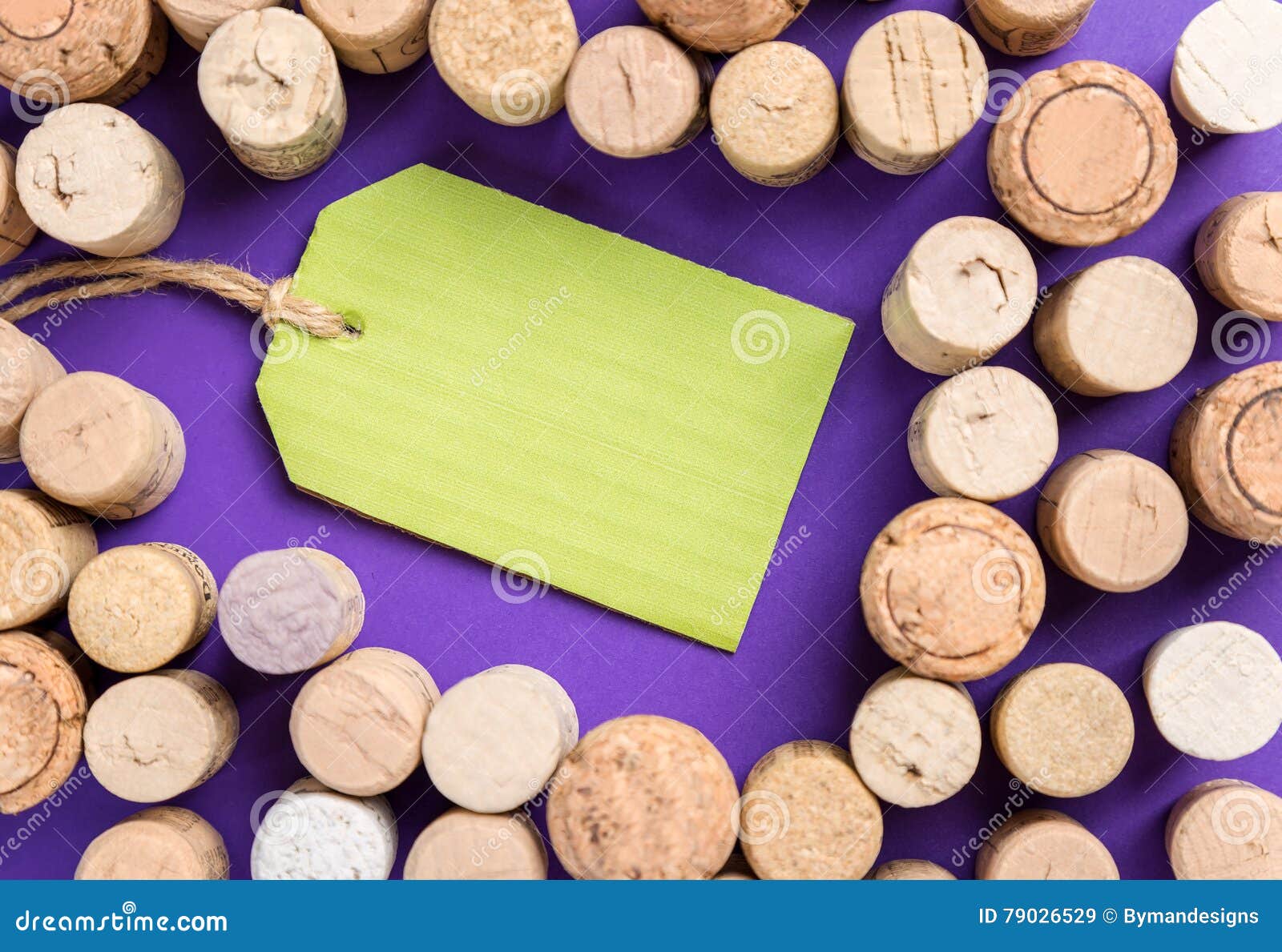 Many Cork Stoppers with Green Label on Purple Background Stock Image ...