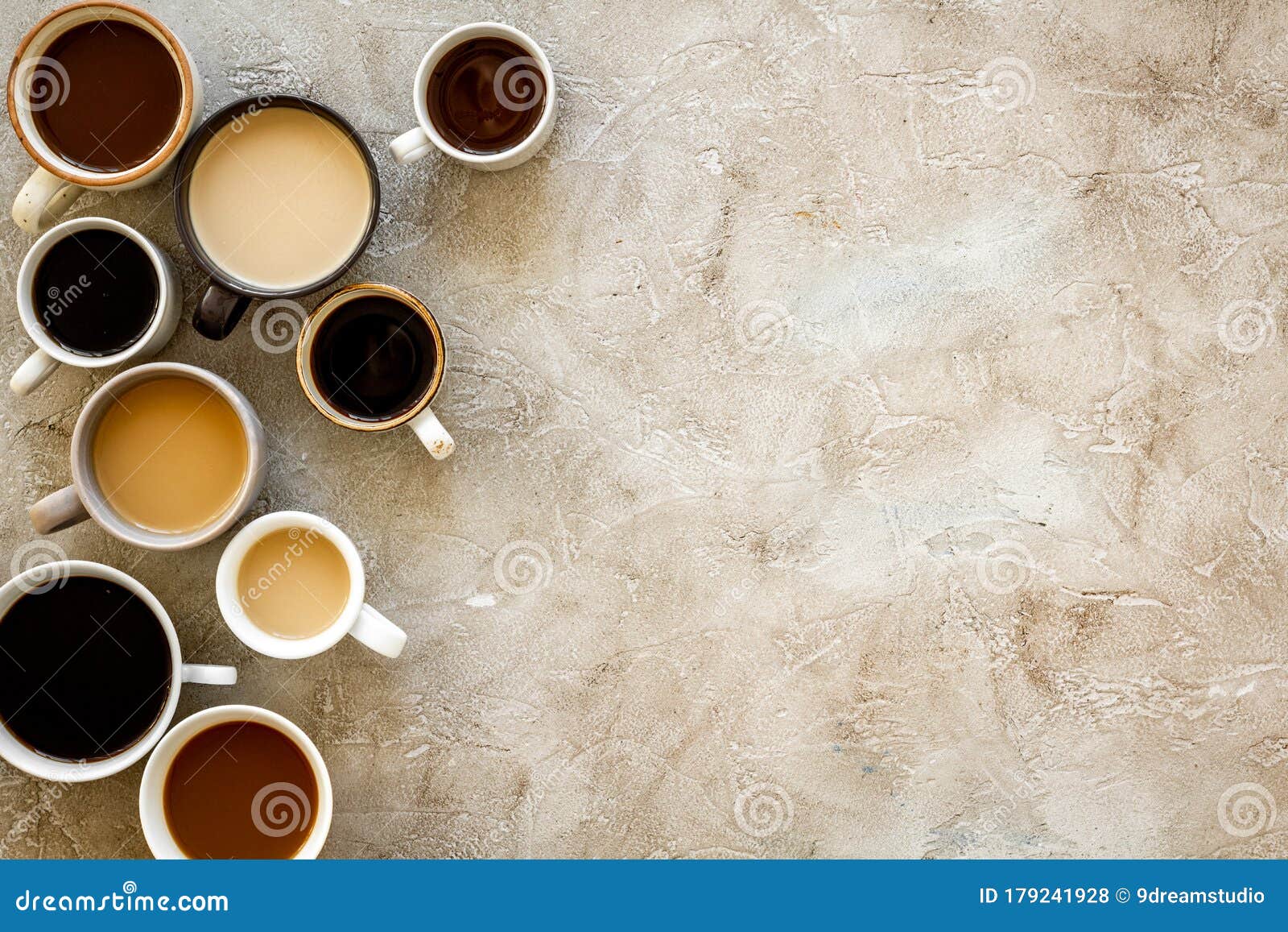 Many Cups of Coffee on Beige Table Top-down Copy Space Stock Photo ...