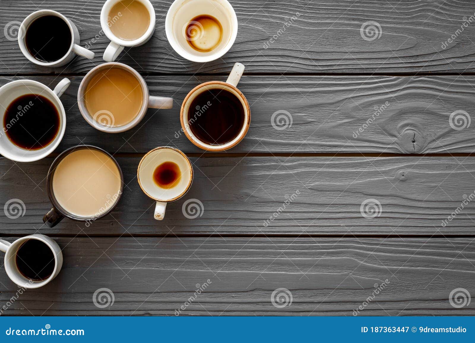 Many Cups of Coffee on Wooden Table Top-down Copy Space Stock Image ...