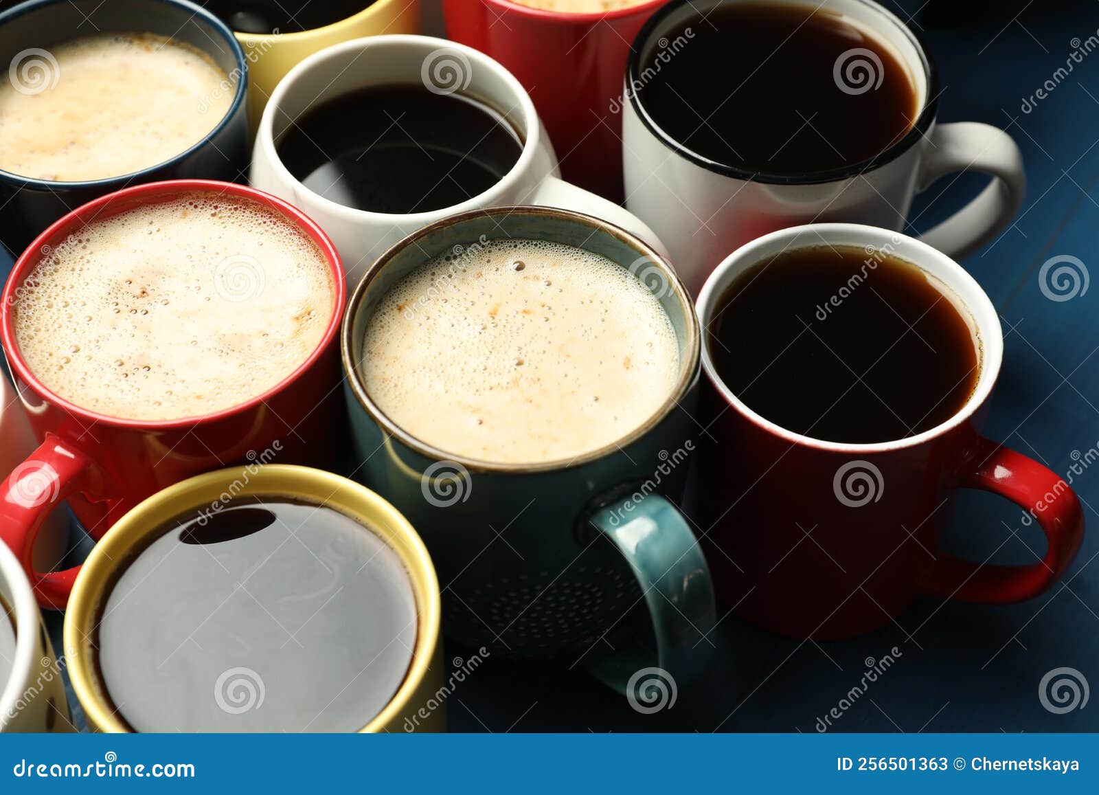Many Cups of Different Coffee Drinks on Blue Table Stock Image - Image ...