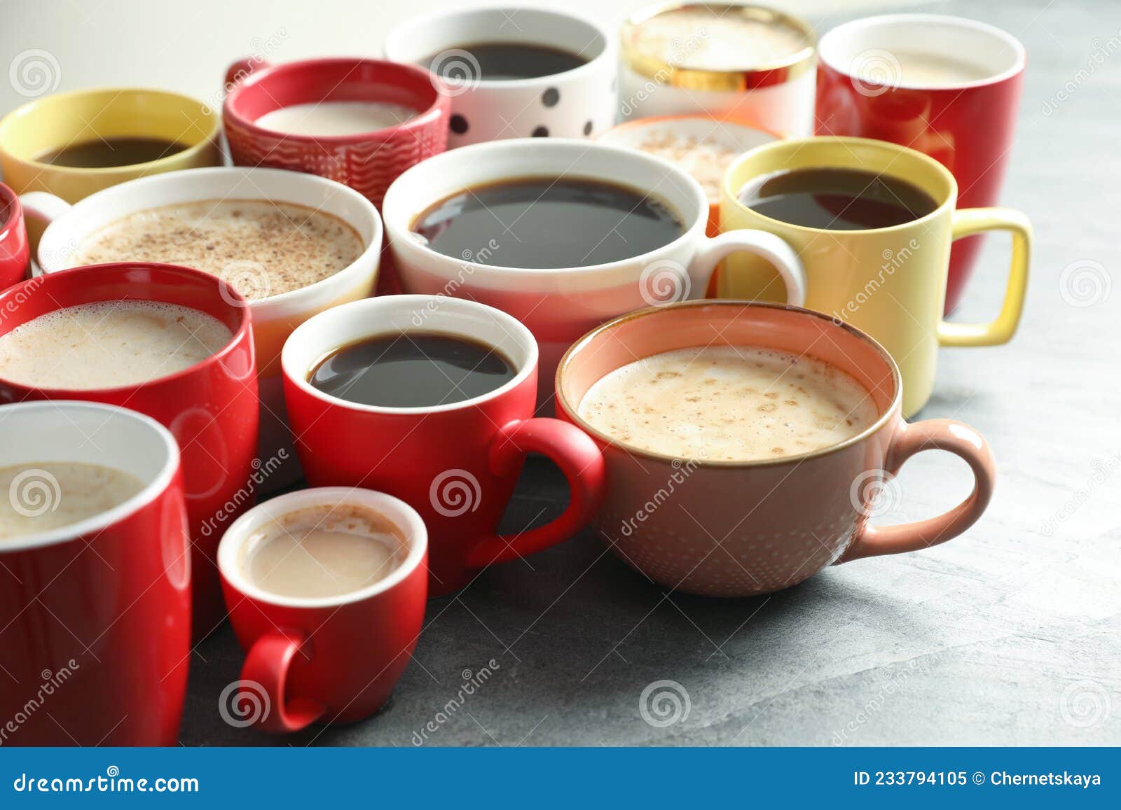 Many Cups of Different Coffees on Grey Table Stock Image - Image of ...