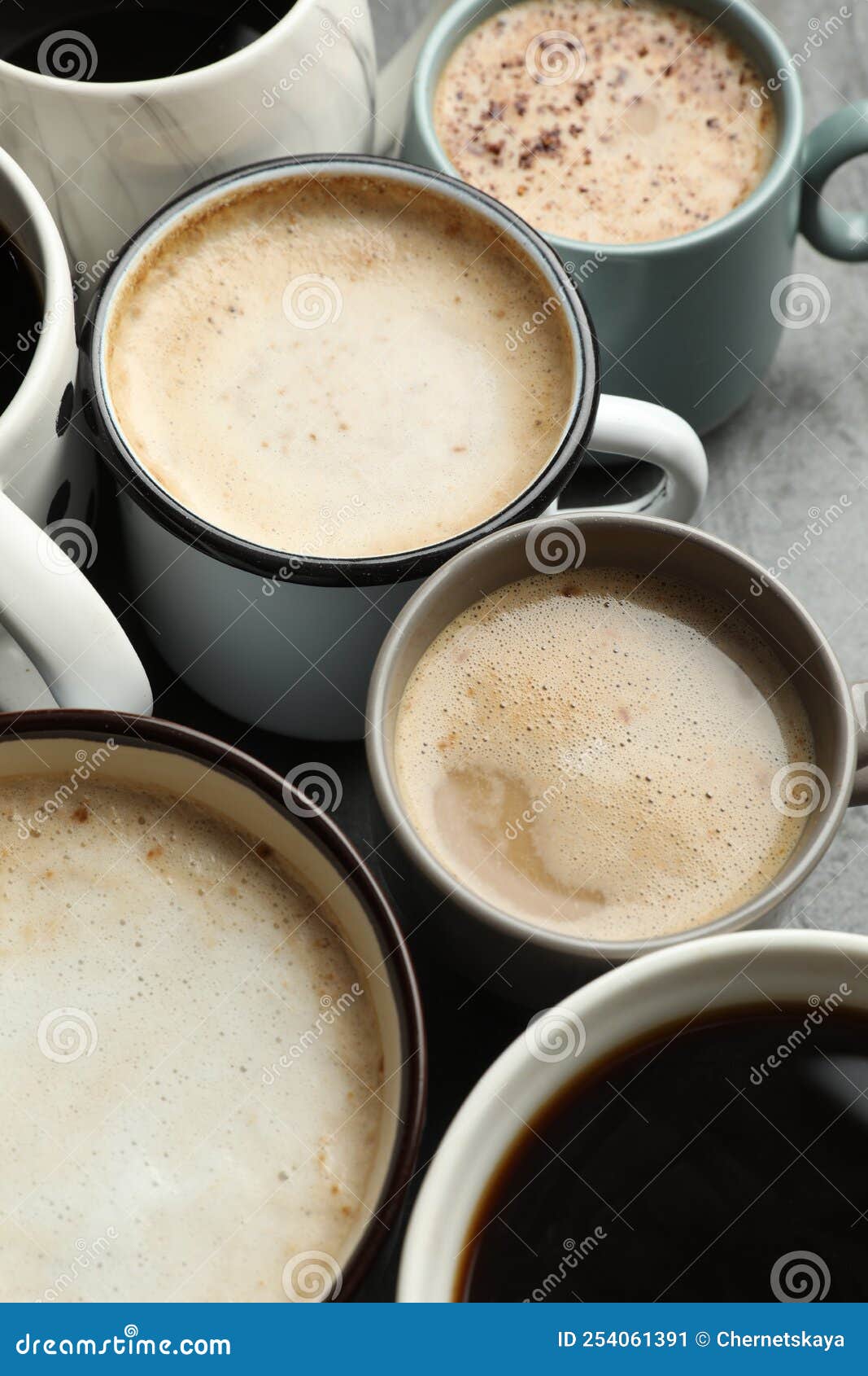 Many Cups of Different Coffees on Slate Table Stock Image - Image of ...