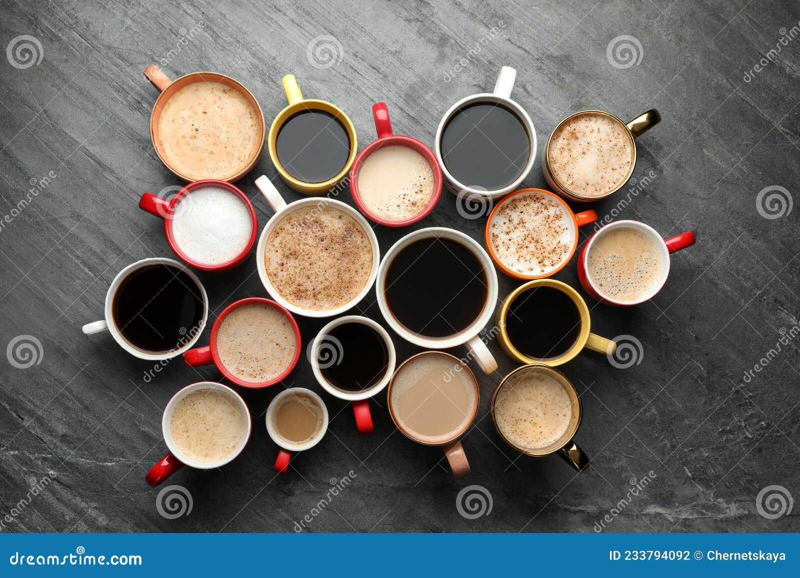 Many Cups of Different Coffees on Slate Table, Flat Lay Stock Photo ...