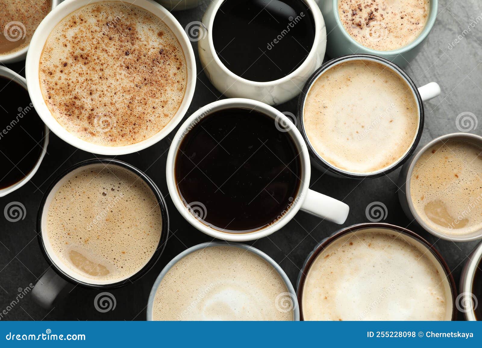 Many Cups of Different Coffees on Slate Table, Flat Lay Stock Photo ...