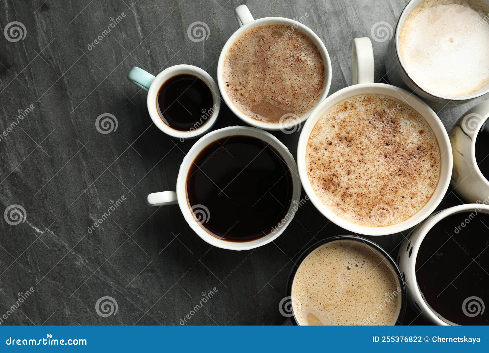 Many Cups of Different Coffees on Slate Table, Flat Lay. Space for Text ...