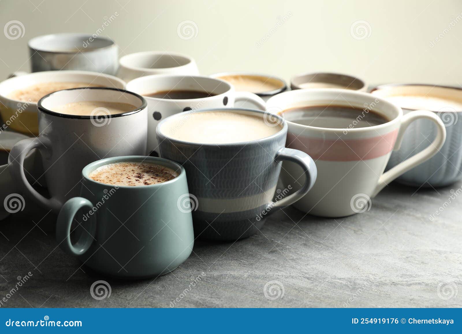 Many Cups of Different Coffees on Slate Table Stock Photo - Image of ...