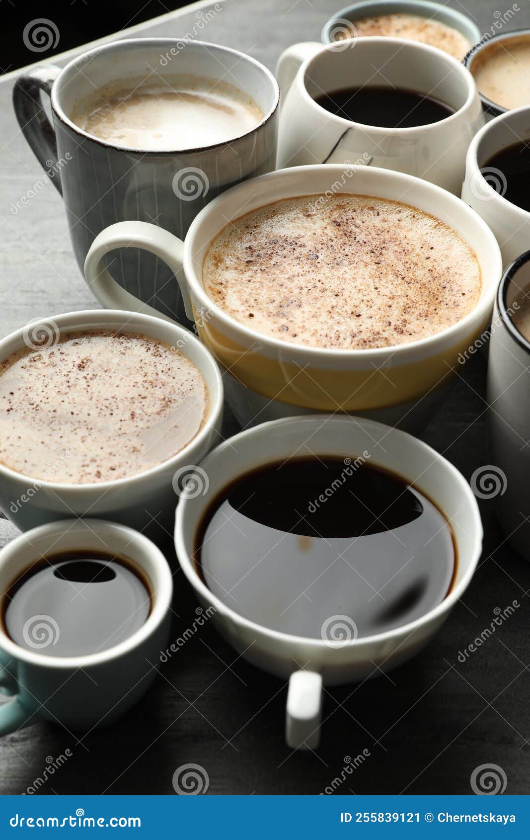 Many Cups of Different Coffees on Slate Table Stock Image - Image of ...