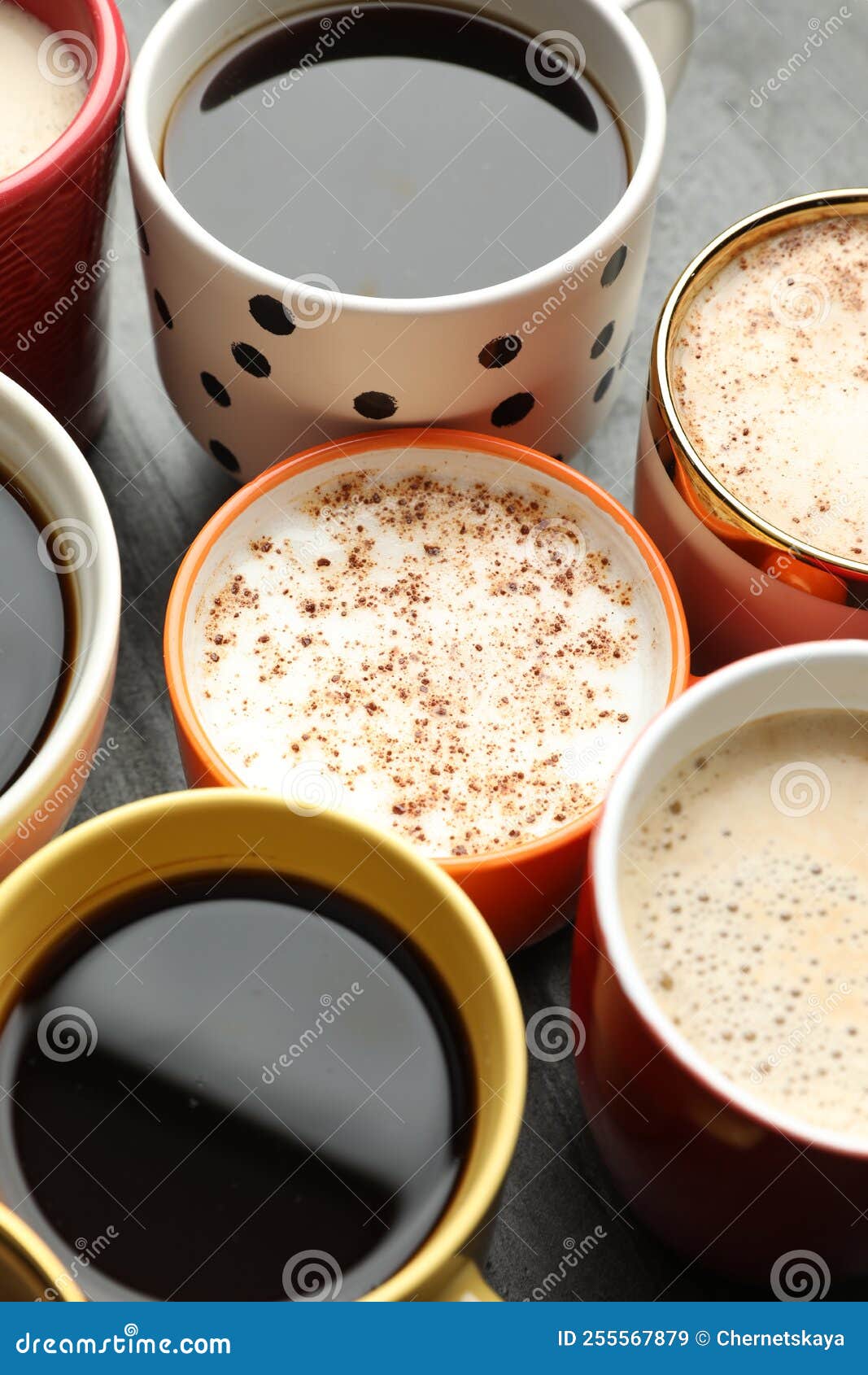Many Cups of Different Coffees on Table, Closeup Stock Image - Image of ...