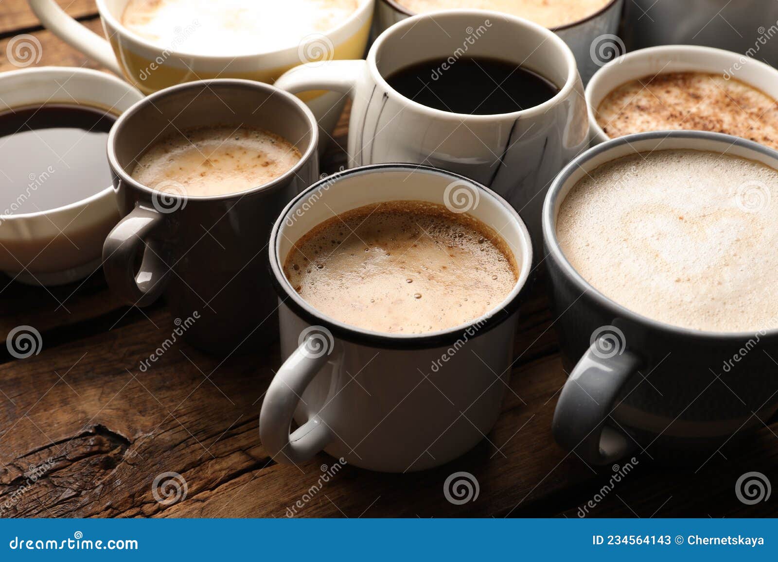 Many Cups of Different Coffees on Wooden Table, Closeup Stock Image ...