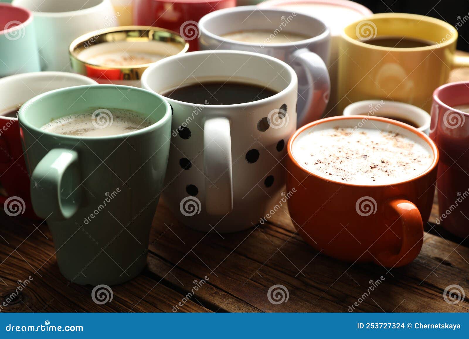 Many Cups of Different Coffees on Wooden Table, Closeup Stock Photo ...