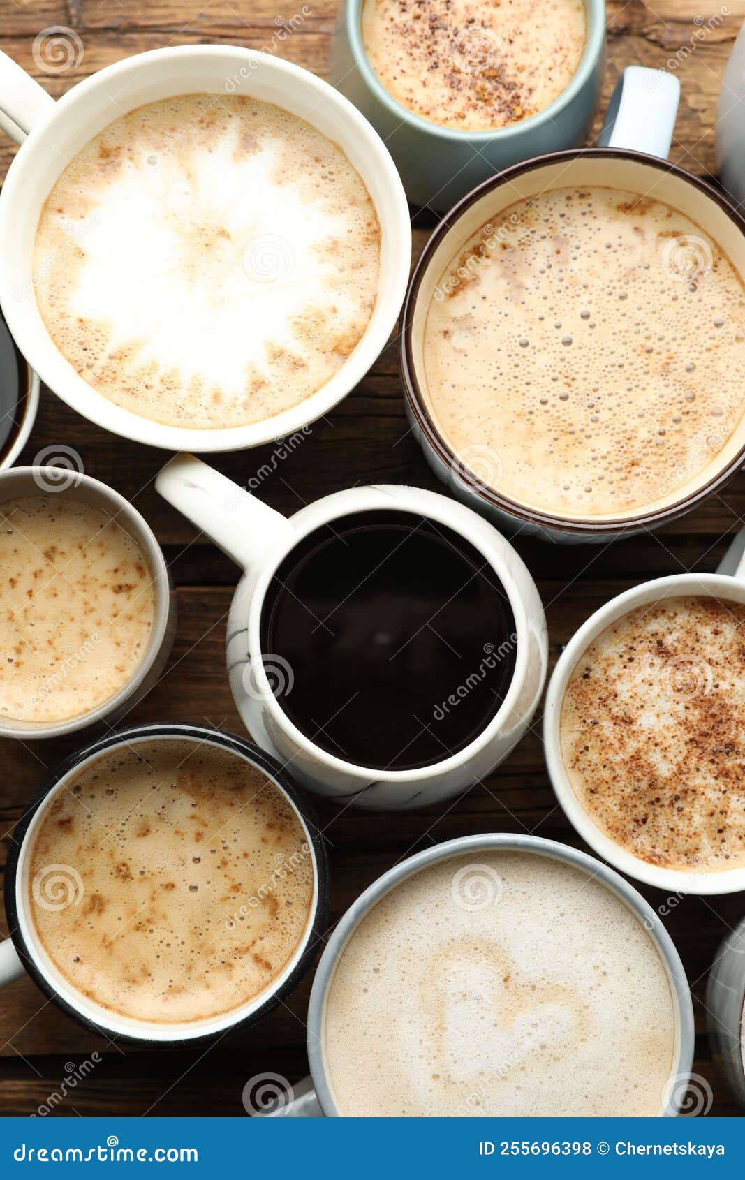 Many Cups of Different Coffees on Wooden Table, Flat Lay Stock Photo ...